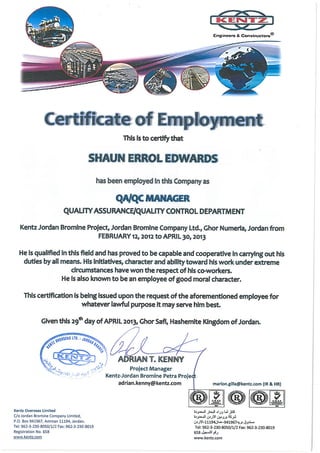 Kentz - Certificate of Employment | PDF