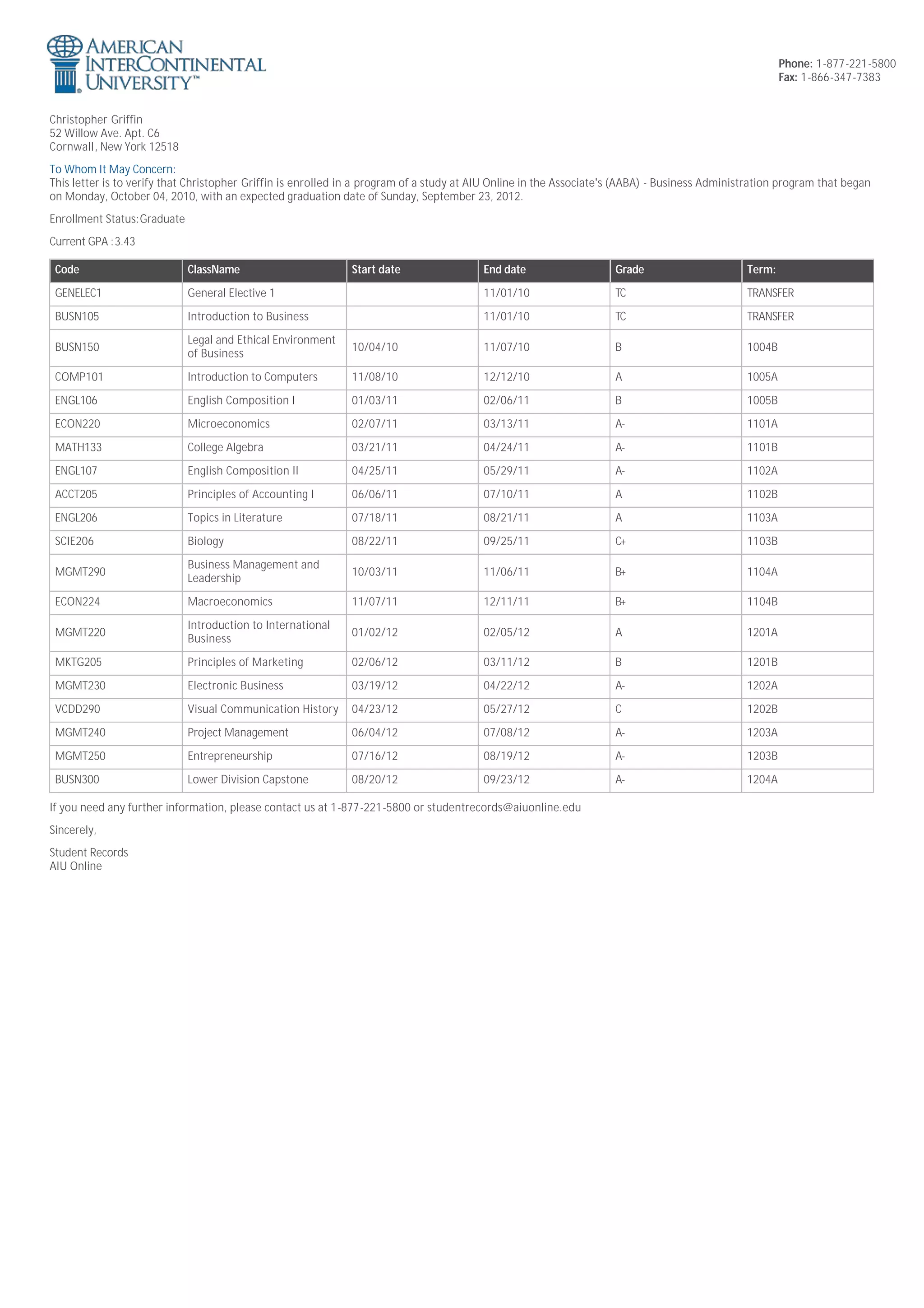 Griffin, C. Unofficial Transcripts AIU | PDF