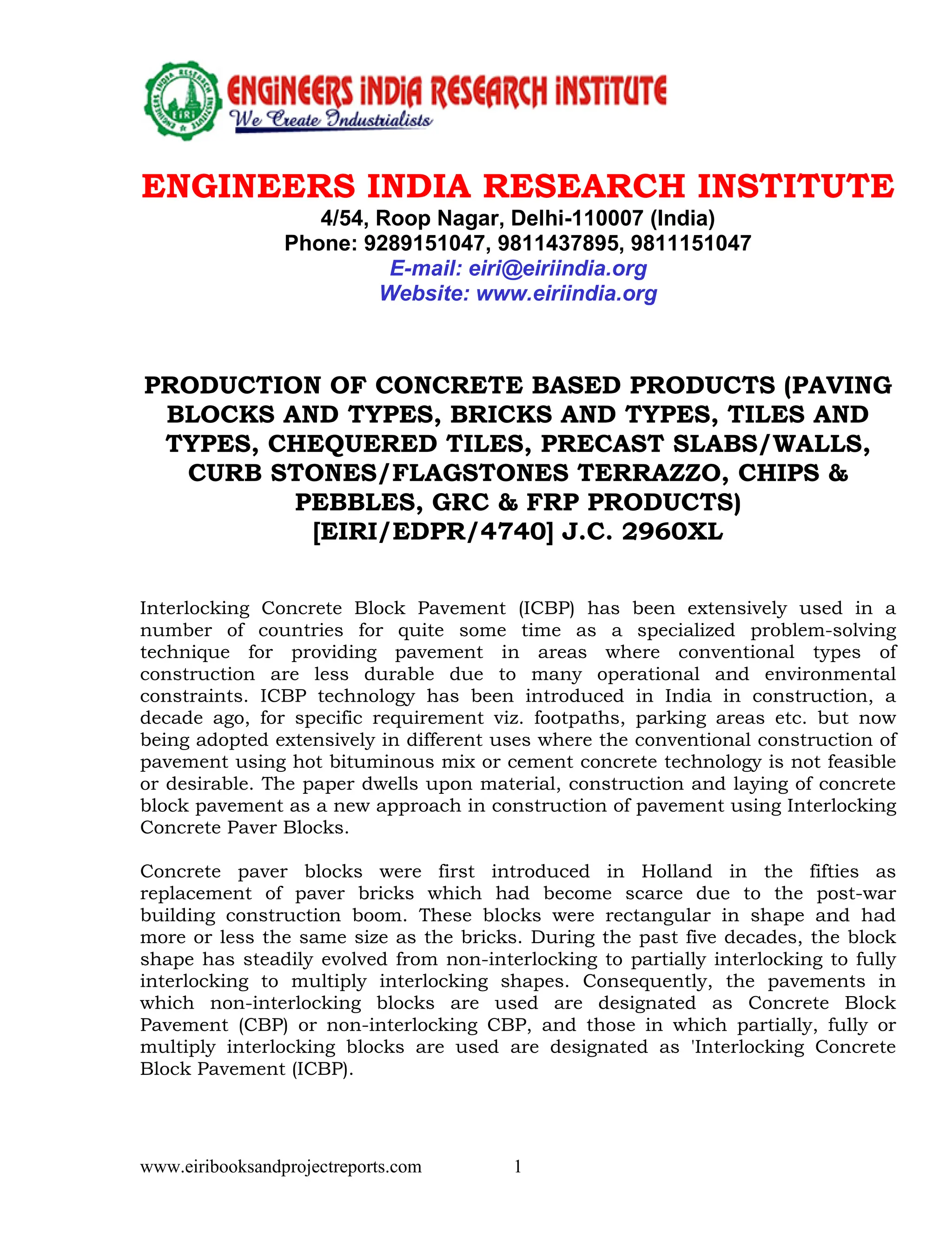 Detailed Project Report on PRODUCTION OF CONCRETE BASED PRODUCTS ...