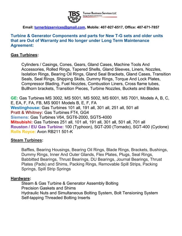 TURNER Turbine and Generator Components and Parts | PDF
