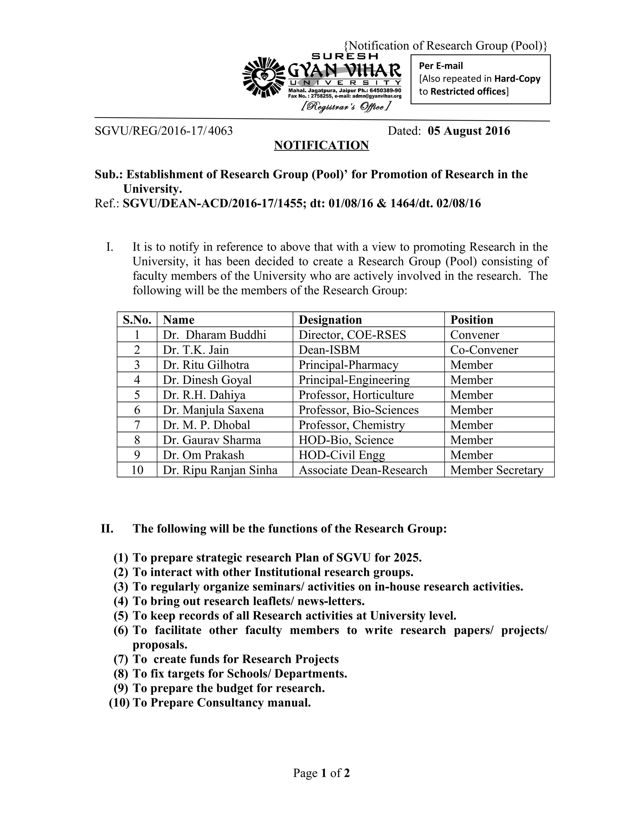 Establishment of Research Group (Pool)’ for Promotion of Research in ...