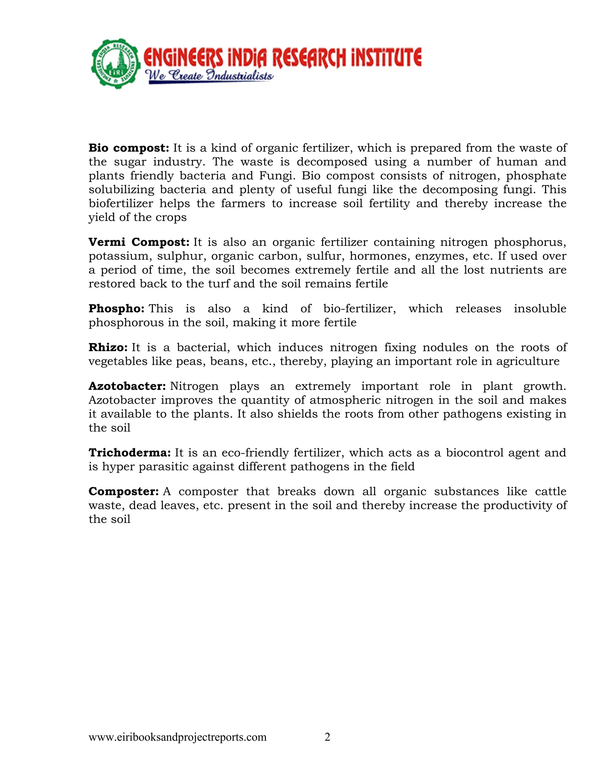 Detailed Project Report on BIOFERTILIZER PRODUCTION RATE – 300 KL/YEAR ...