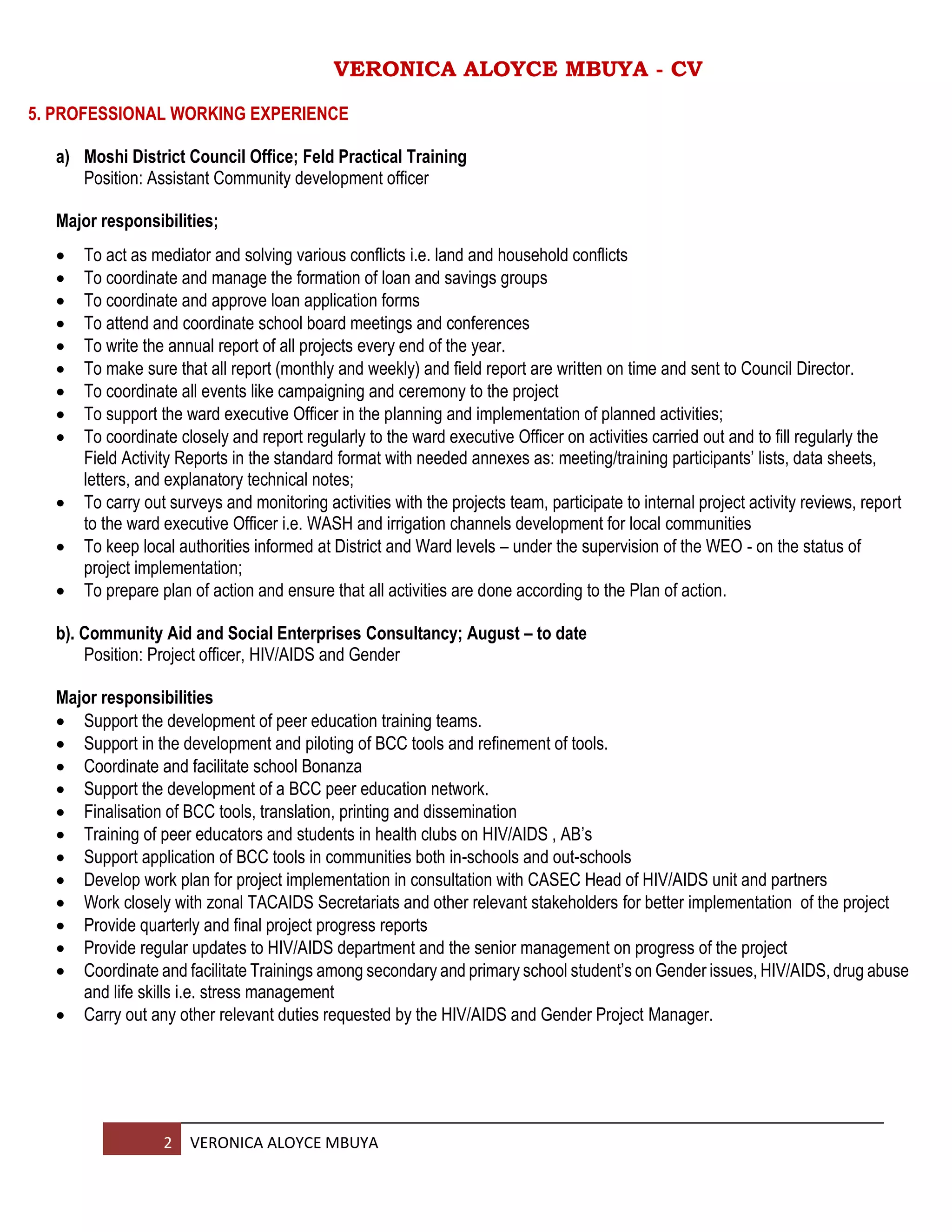VERONICA ALOYCE MBUYA - CV | PDF