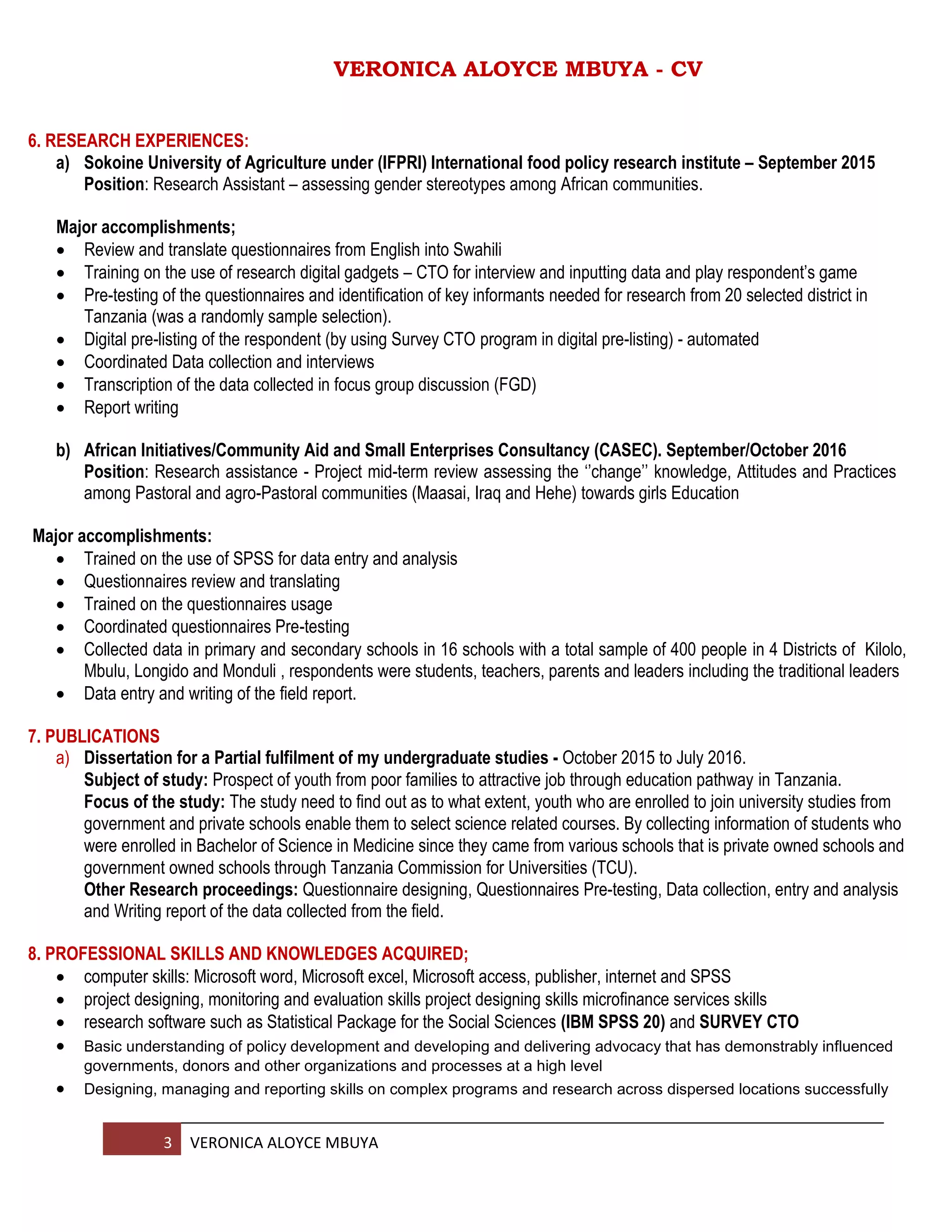 VERONICA ALOYCE MBUYA - CV | PDF