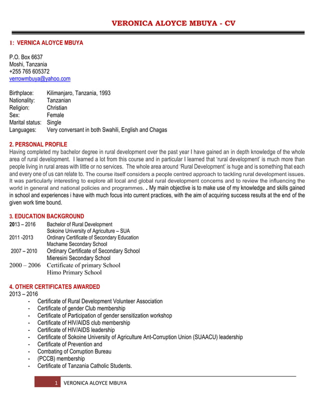 VERONICA ALOYCE MBUYA - CV | PDF