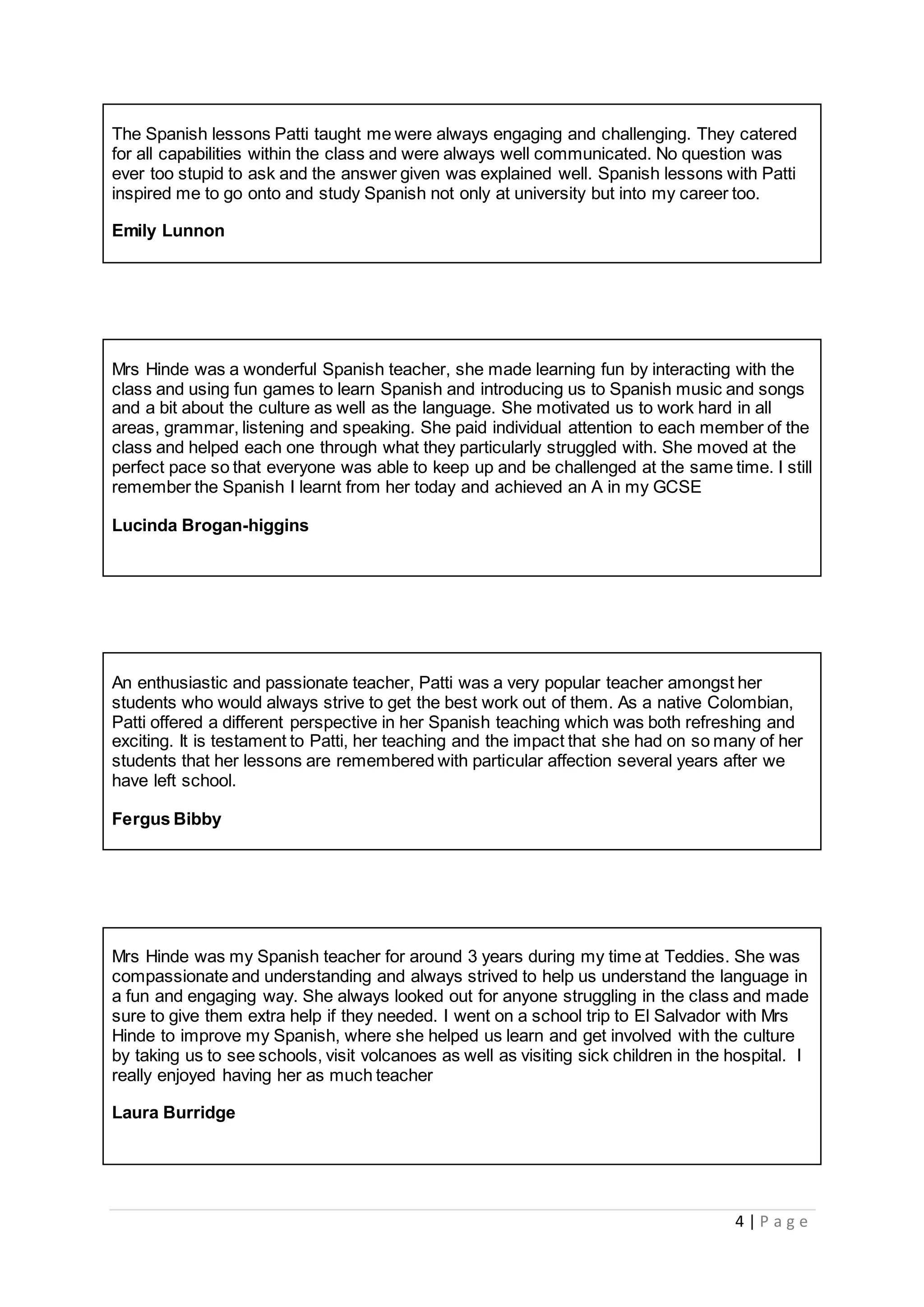 St Edward's Pupils Testimonials re Mrs Patricia Hinde (Jan 2015) | DOCX