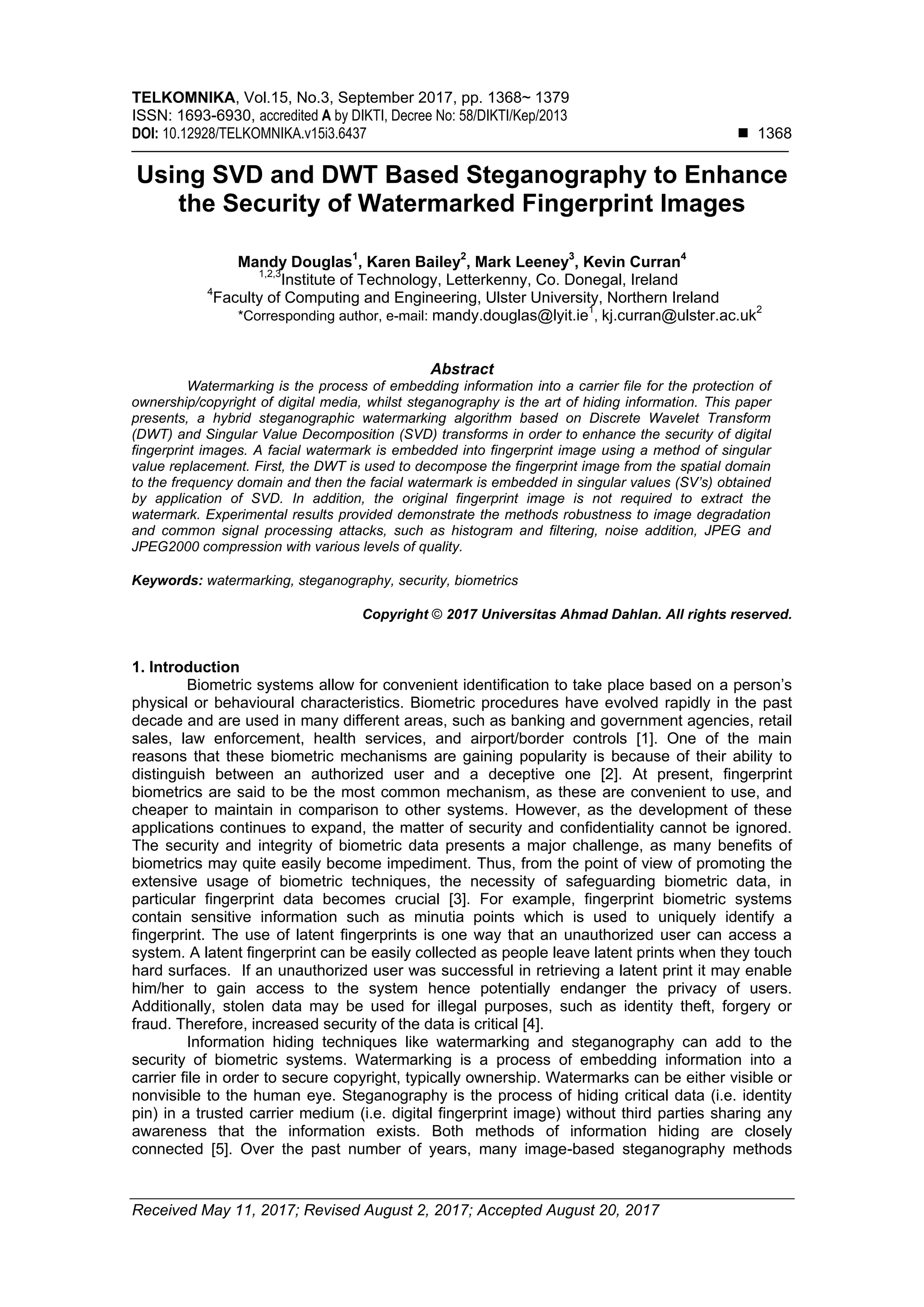 Using Svd And Dwt Based Steganography To Enhance The Security Of Watermarked Fingerprint Images