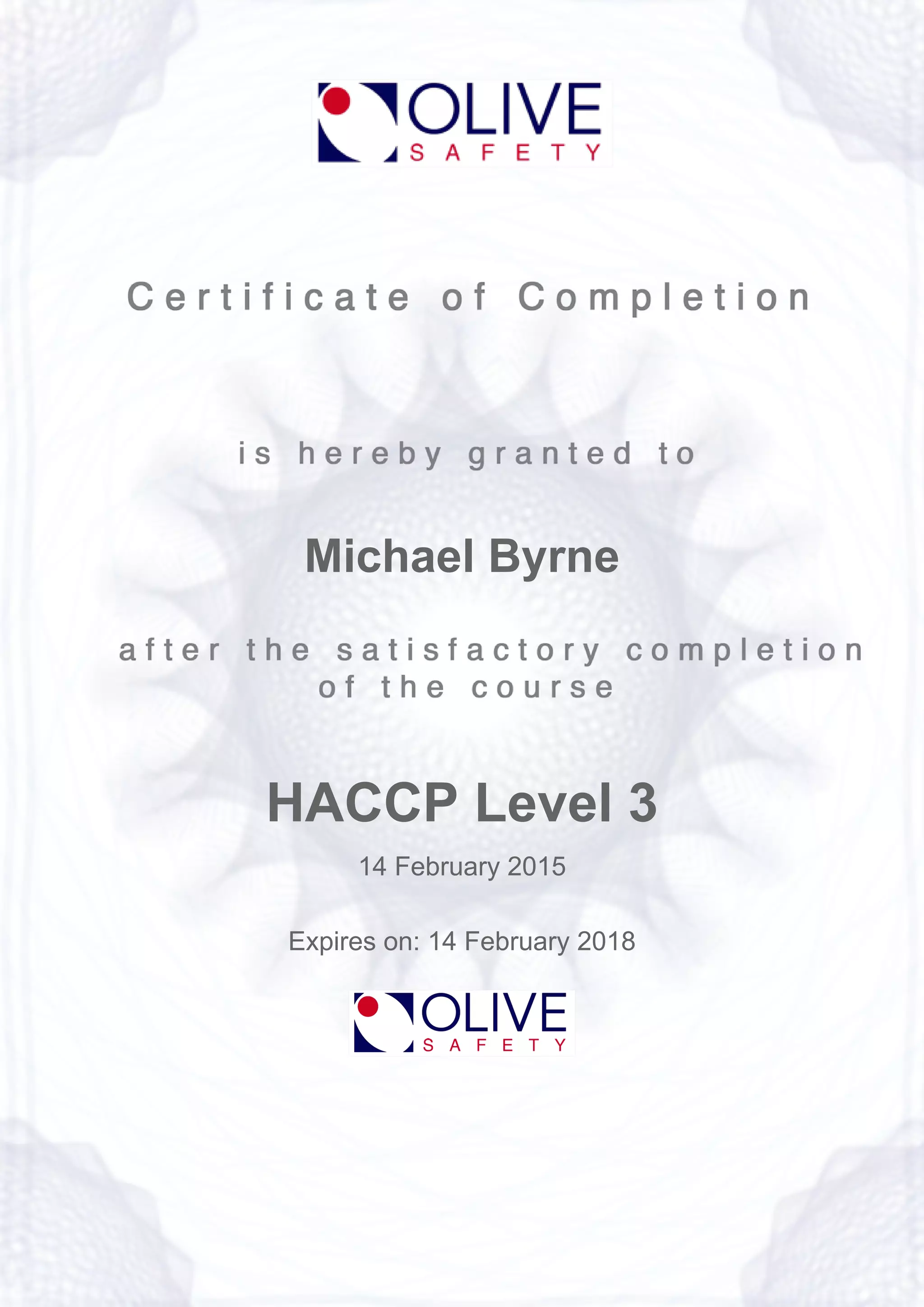 certificate olive saftey haccp level 3 | PDF