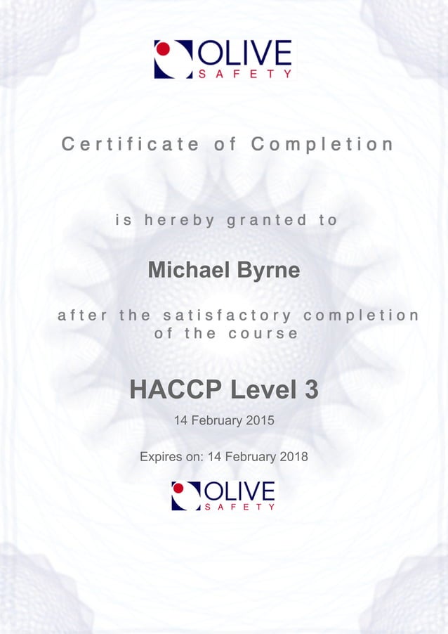 certificate olive saftey haccp level 3 | PDF