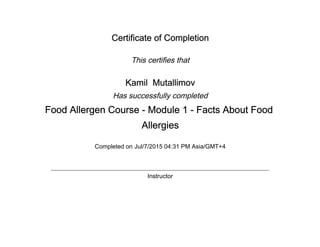 CERTIFICATE_Food Allergen Course - Module 1 | PDF