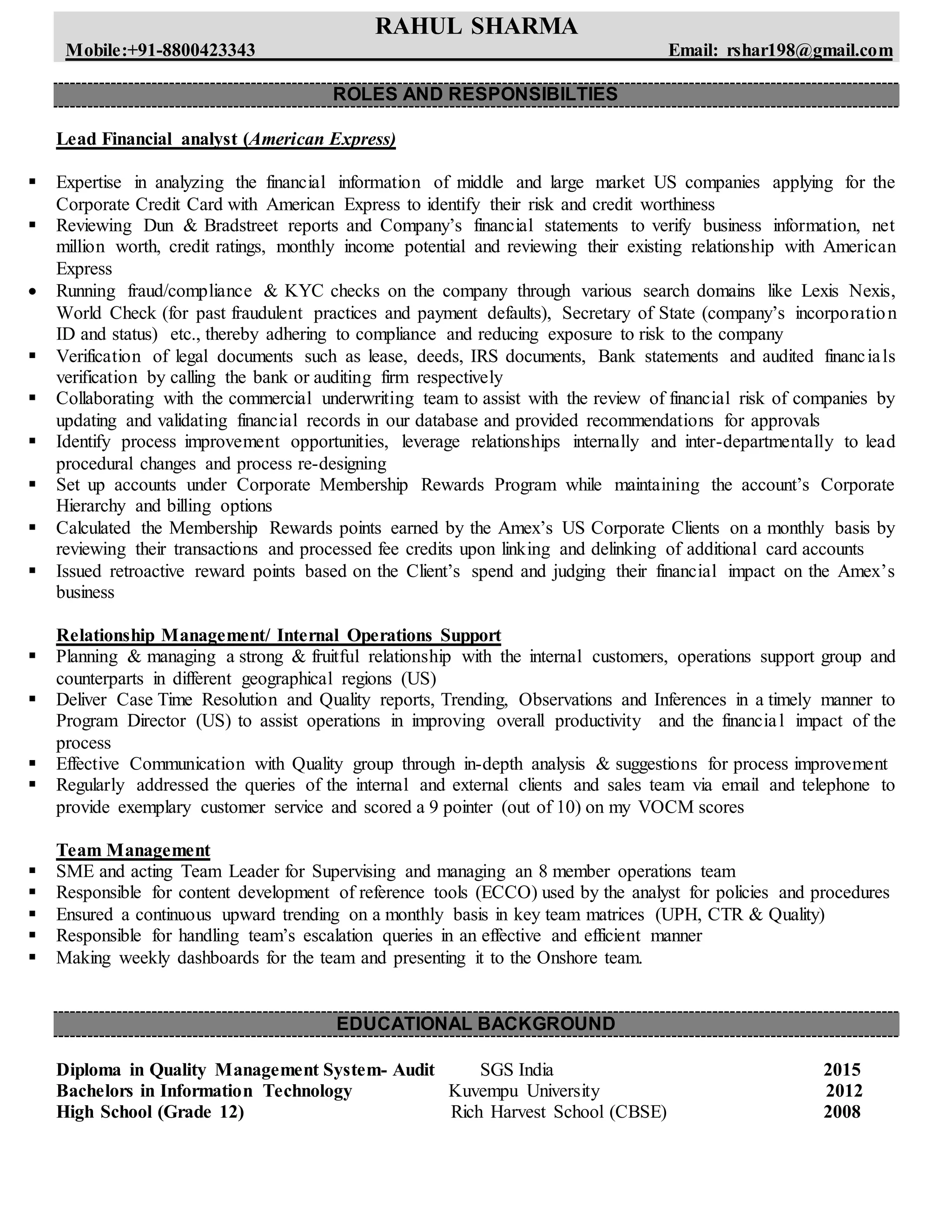 CV - Rahul Sharma | DOCX | Credit Cards | Personal Debt