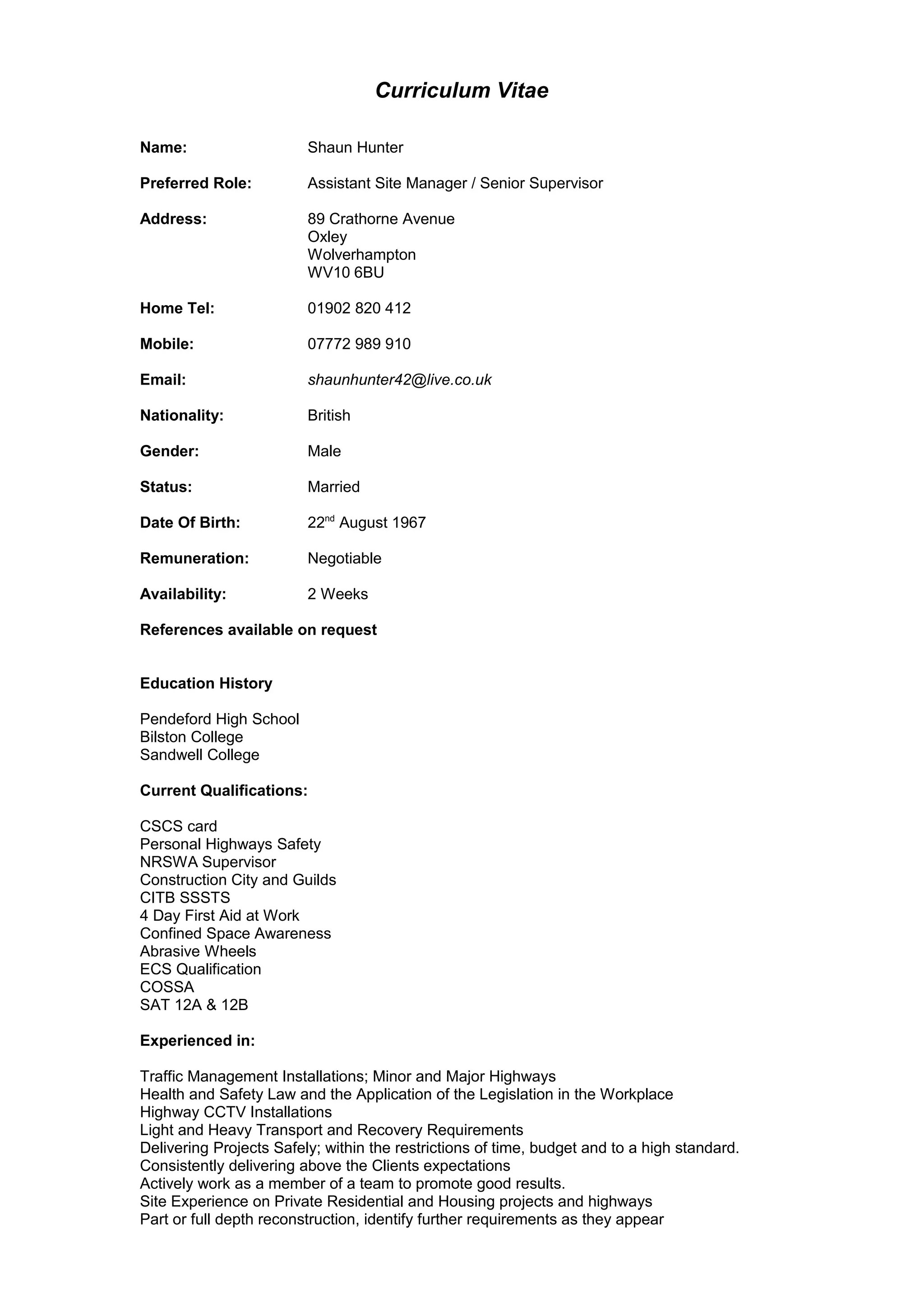 SH CV Aug 16 | DOC | Civil Engineering Industry | Industries