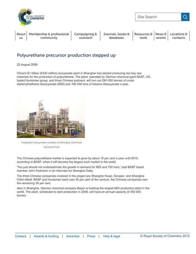 Huntsman:BASF First MDI Plant in China | PDF