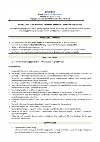 Mr Dayanithi- HR-TA | DOC | Resume Writing and Advice | Job Search