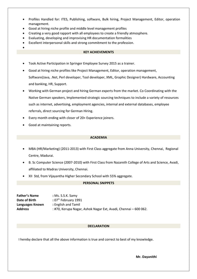 Mr Dayanithi- HR-TA | DOC | Resume Writing and Advice | Job Search