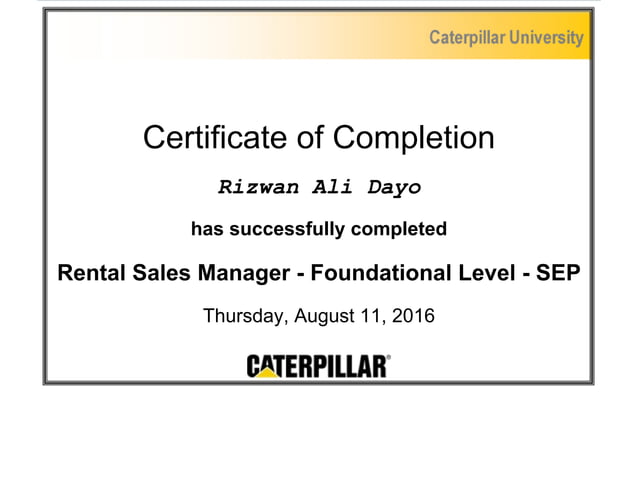 Rental Sales Manager -Caterpillar Certificate | PPT