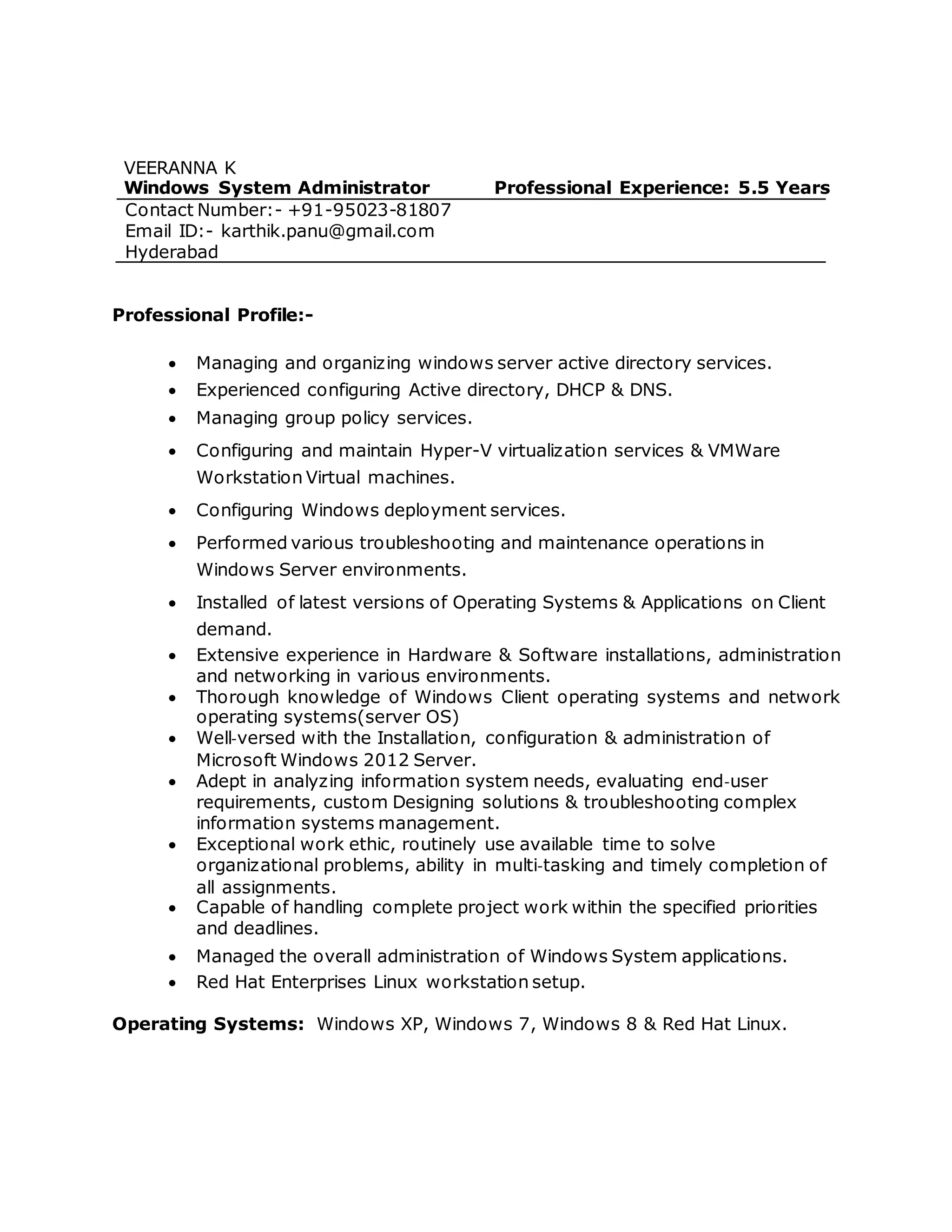 Windows System administrator profile. | DOCX