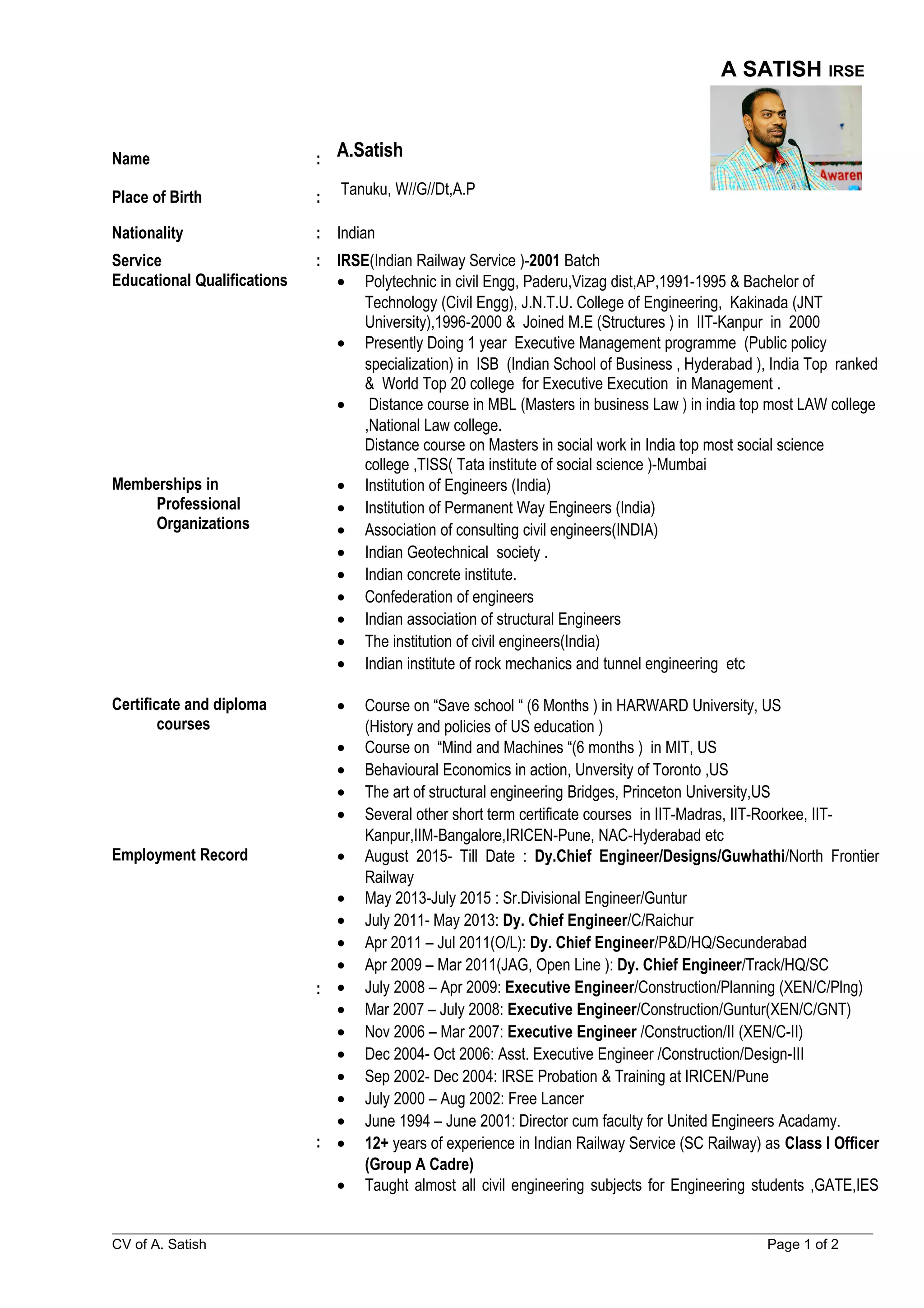 Biodata of A.Satish,IRSE for Aditya college | DOC
