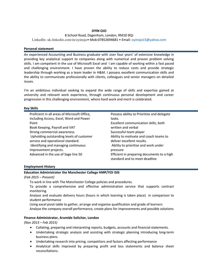 oyinojo Accounting CV (1) | DOC | Business Administration | Business