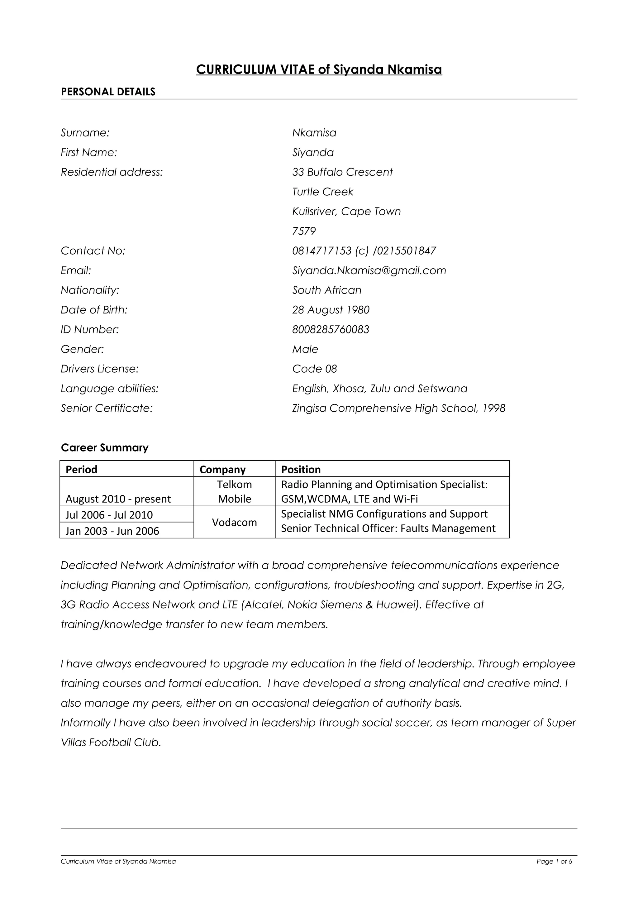 Siyanda Nkamisa CV | DOC