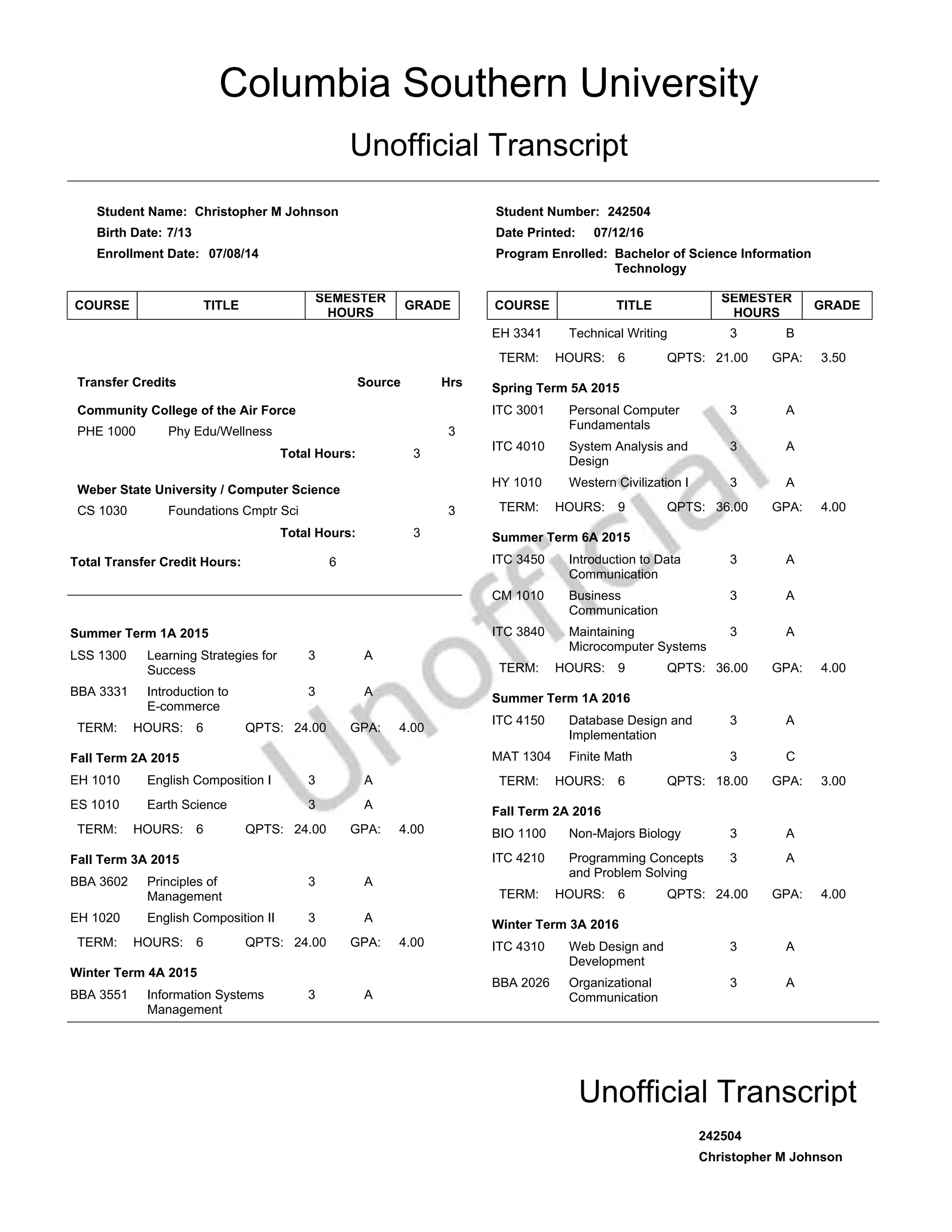 Unofficial transcripts | PDF