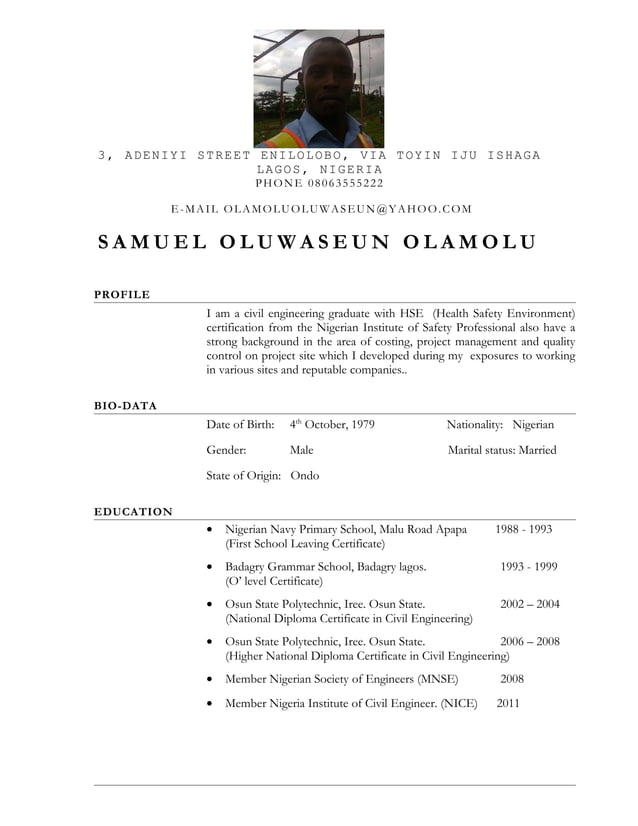 Samuel Olamolu Resume | DOC | Civil Engineering Industry | Industries