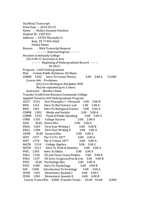 Unofficial Transcript | PDF