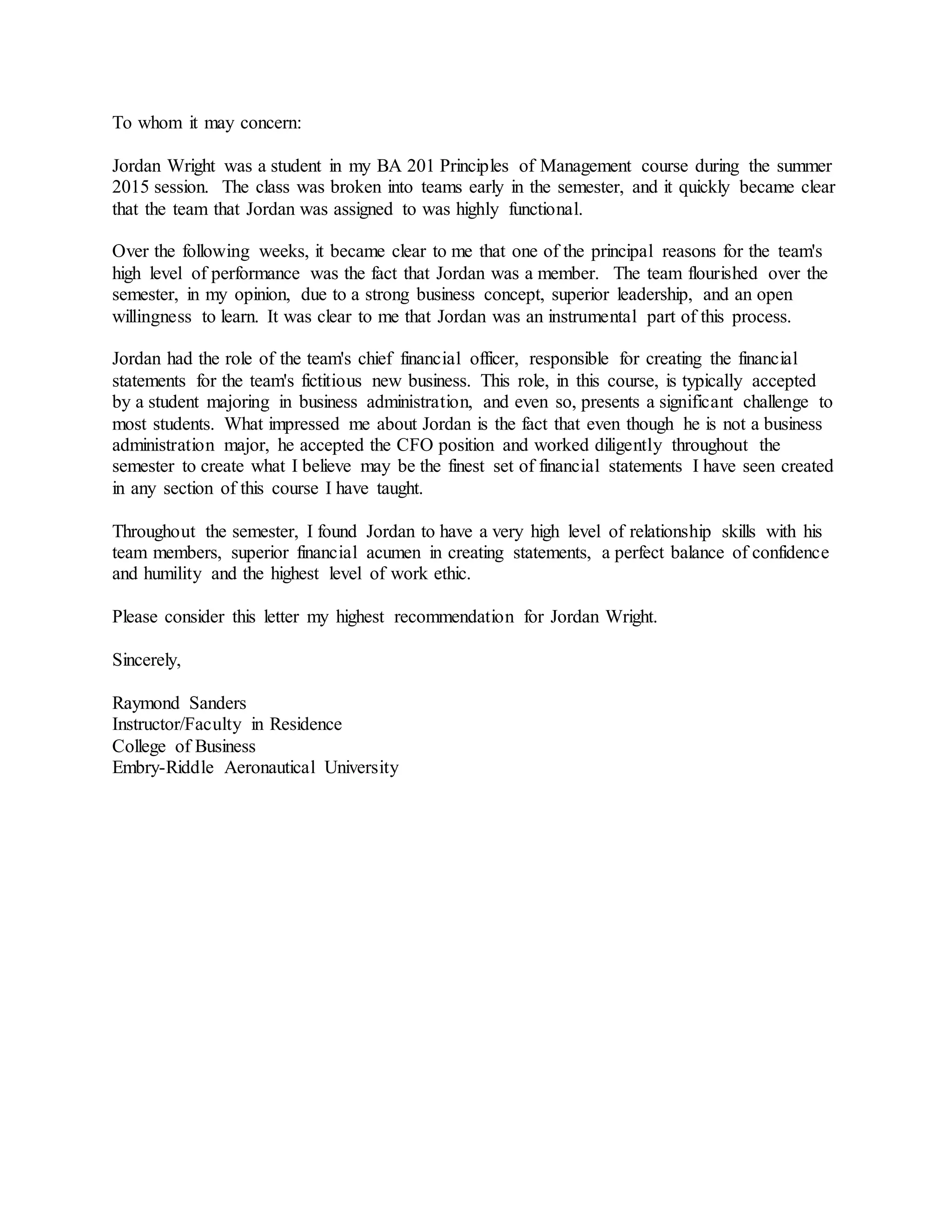 LetterofReferenceJordanWright | DOCX | Business Administration | Business