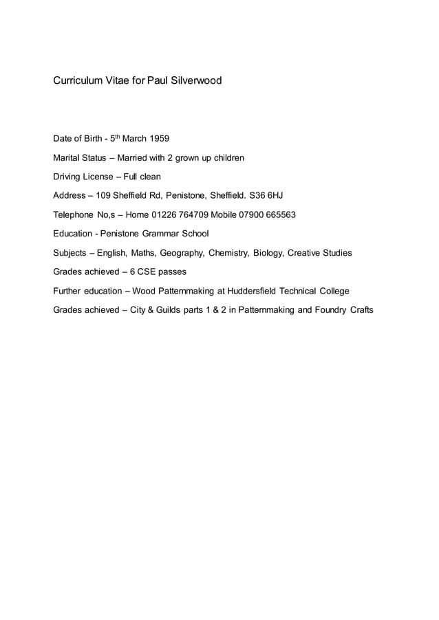 Curriculum Vitae for Paul Silverwood | DOCX