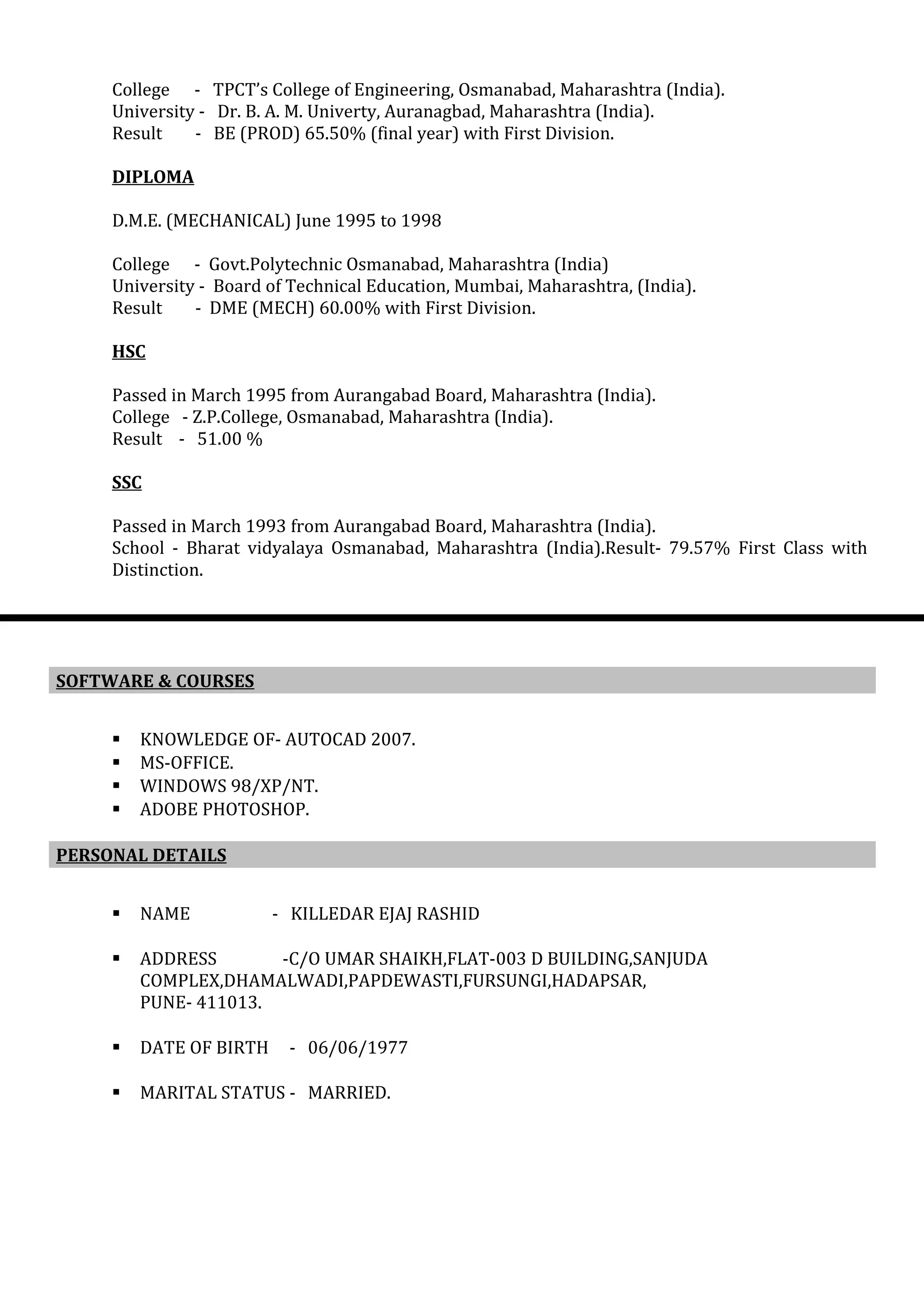 Killedar Resume | PDF