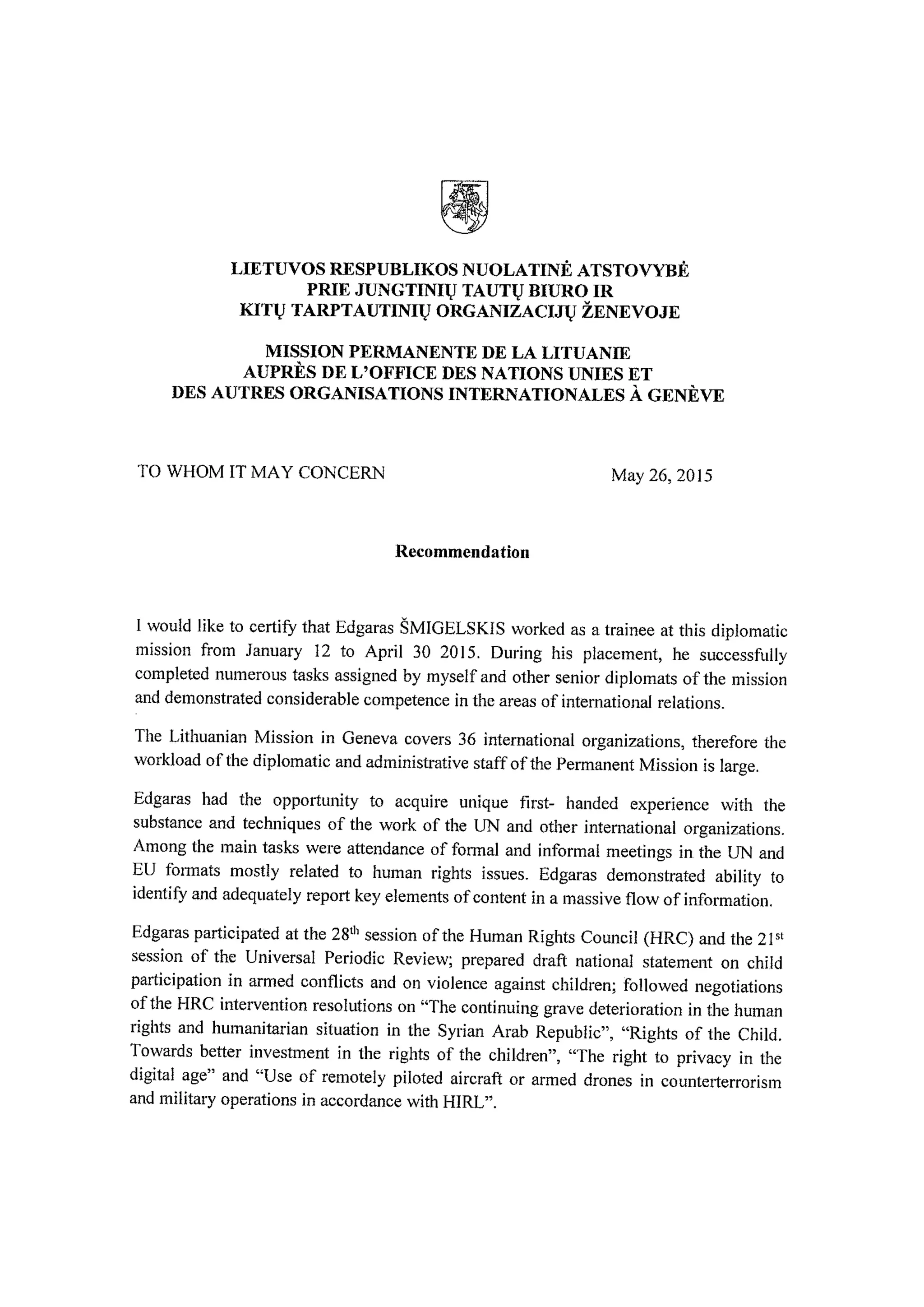 Reference letter (Permanent Mission of Lithuania) | PDF