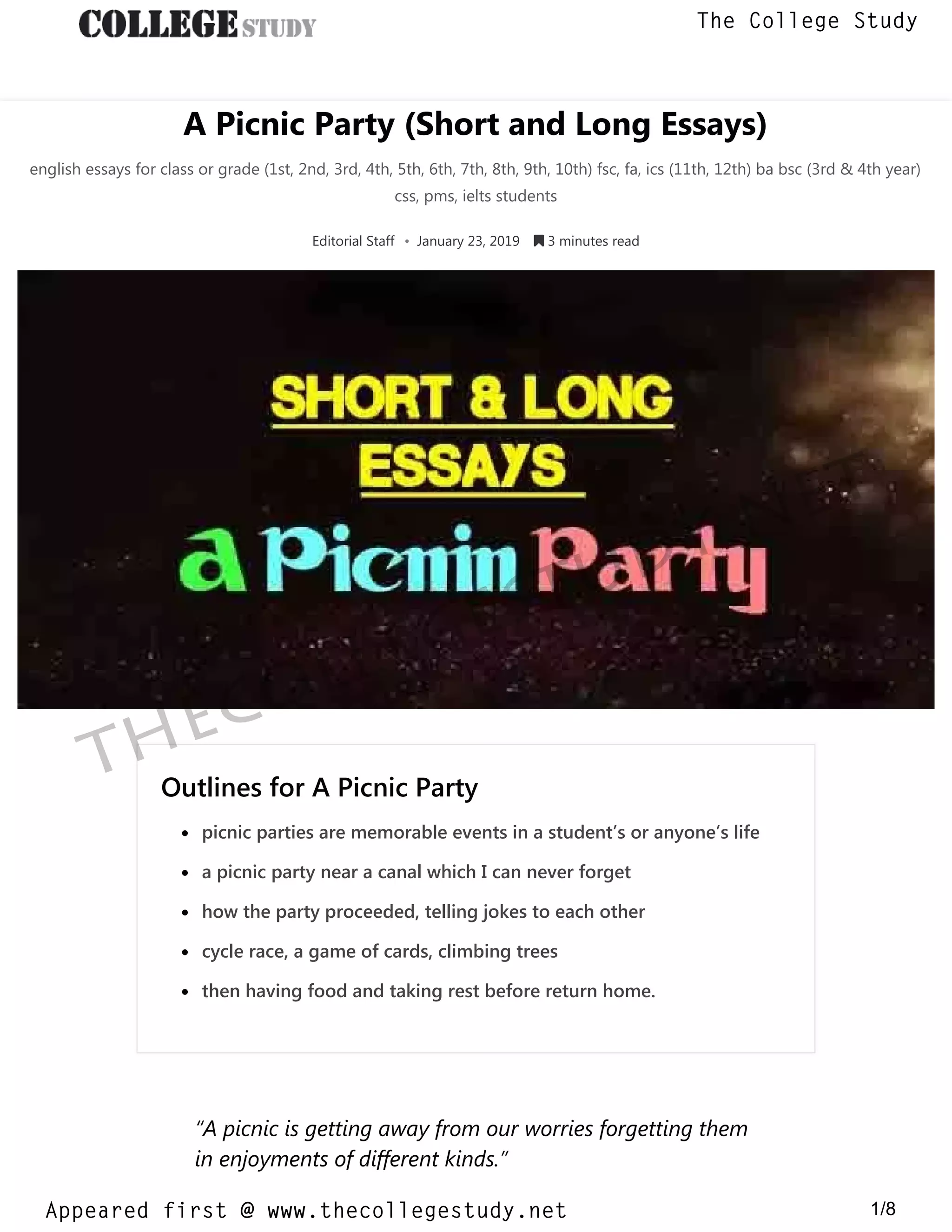 47 a picnic party (short and long essays) the college study | PDF