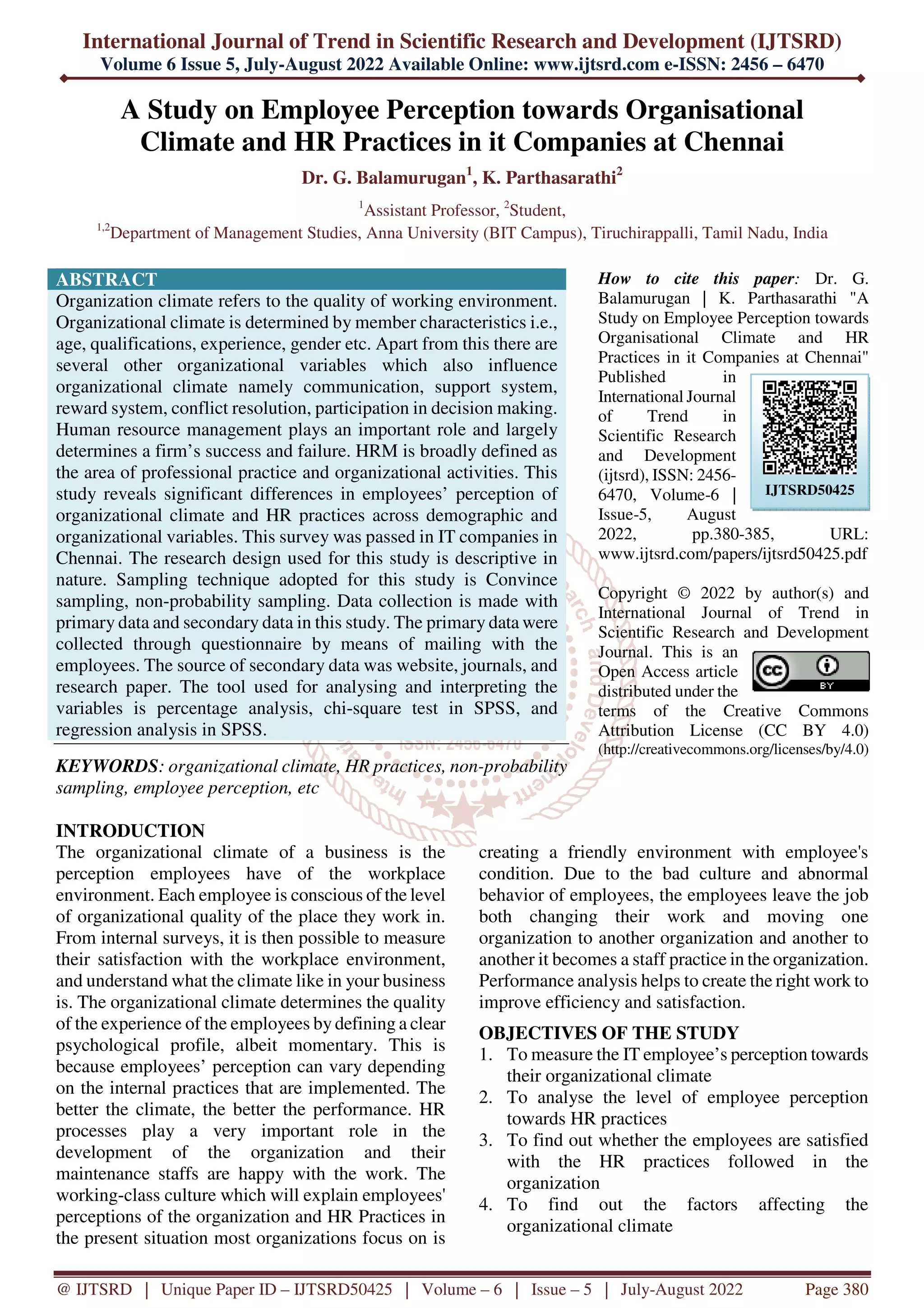 A Study on Employee Perception towards Organisational Climate and HR ...