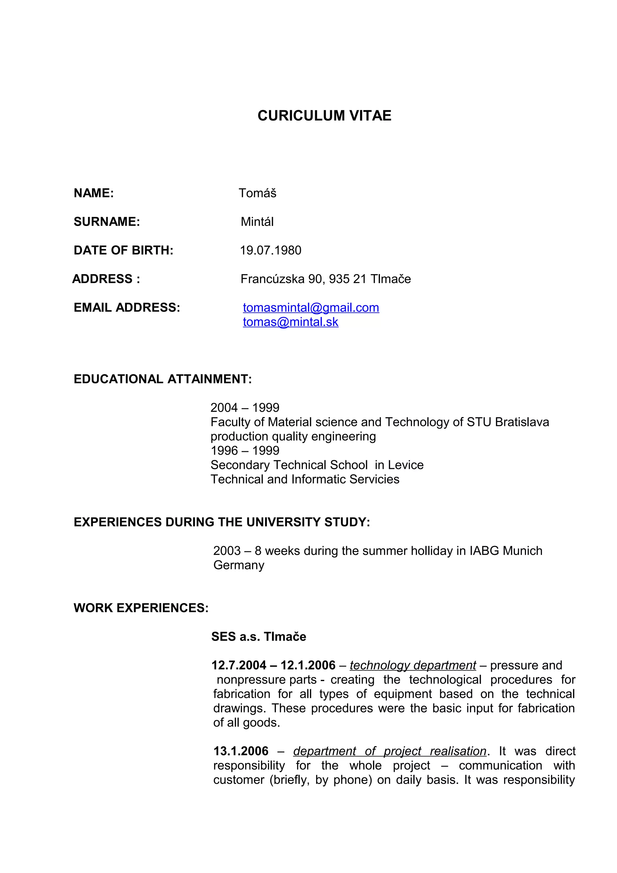 CV - English | DOC | Business | Business and Finance