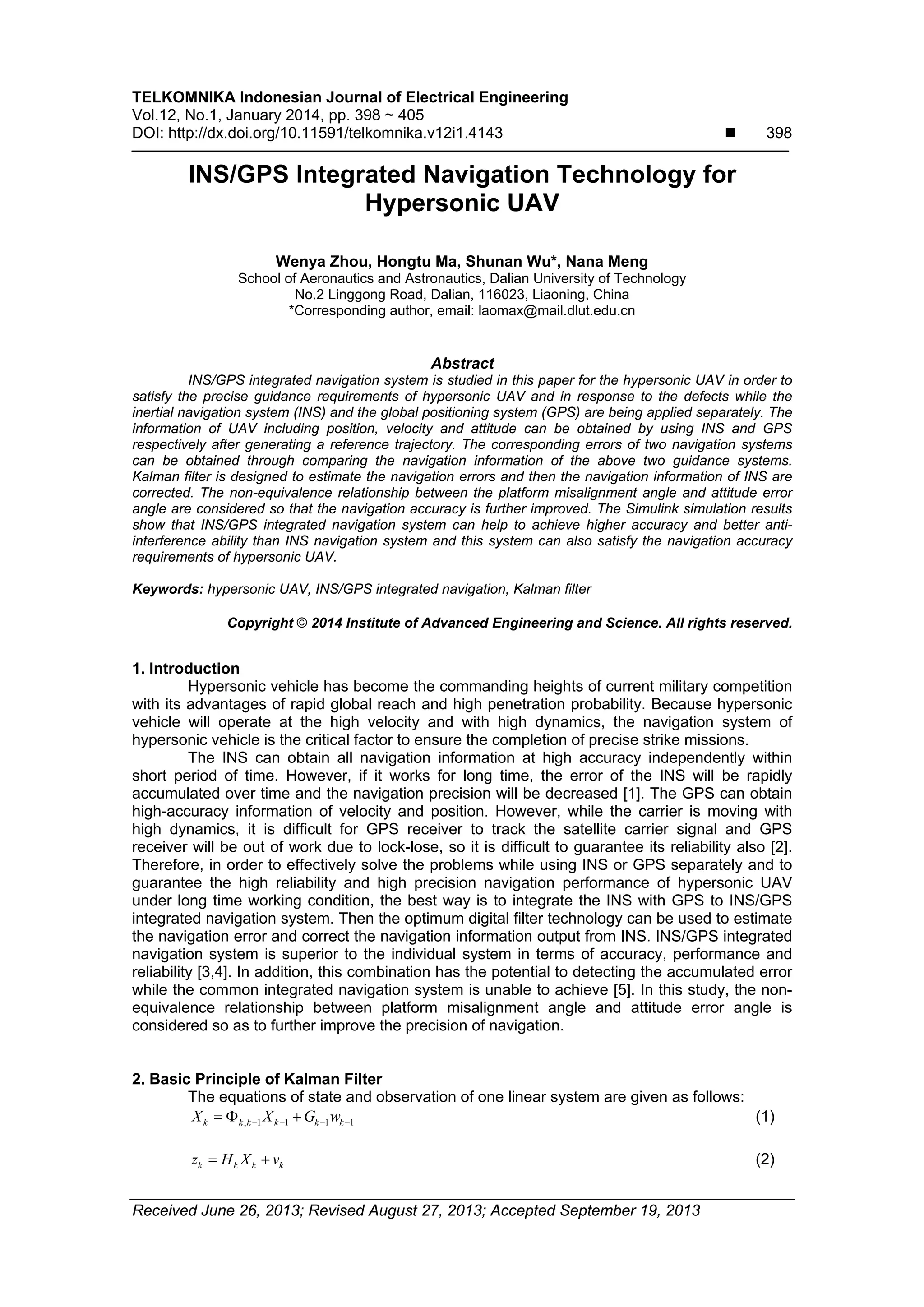 INS/GPS Integrated Navigation Technology for Hypersonic UAV | PDF ...
