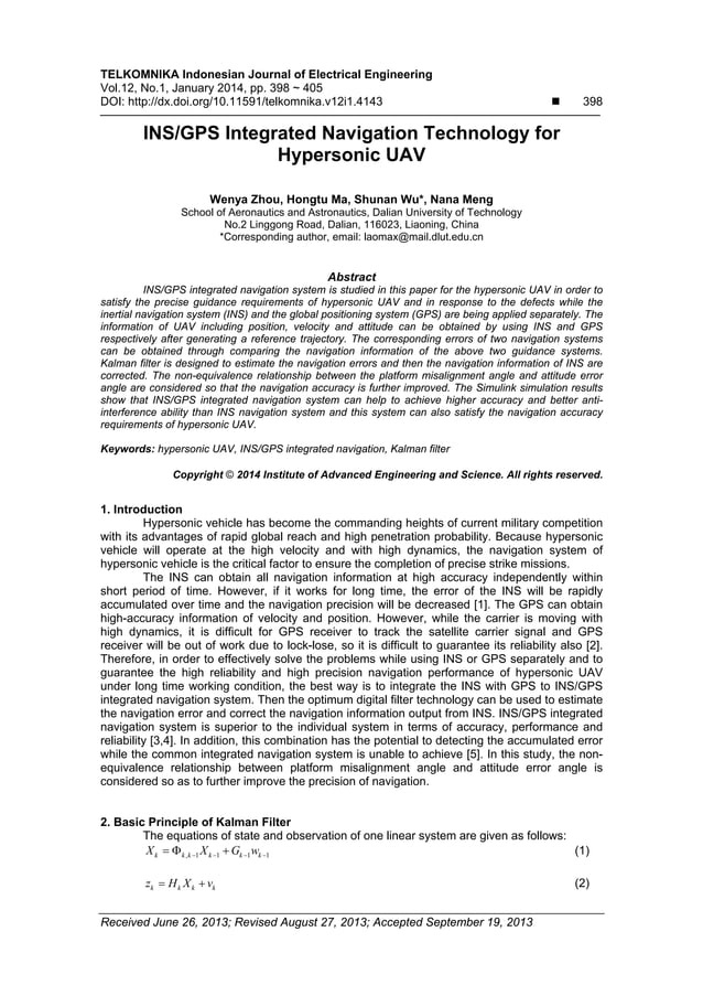 INS/GPS Integrated Navigation Technology for Hypersonic UAV | PDF ...