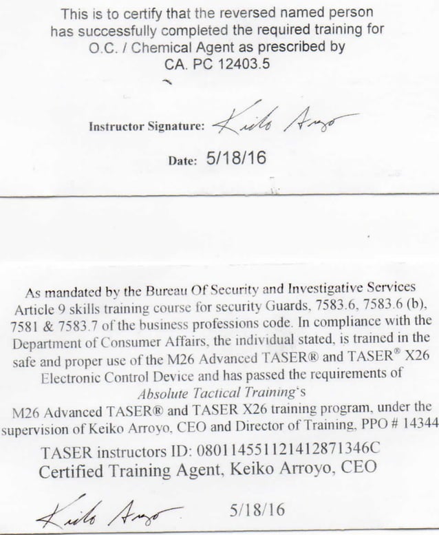 Chemical Agent:OC & Taser Certification | PDF