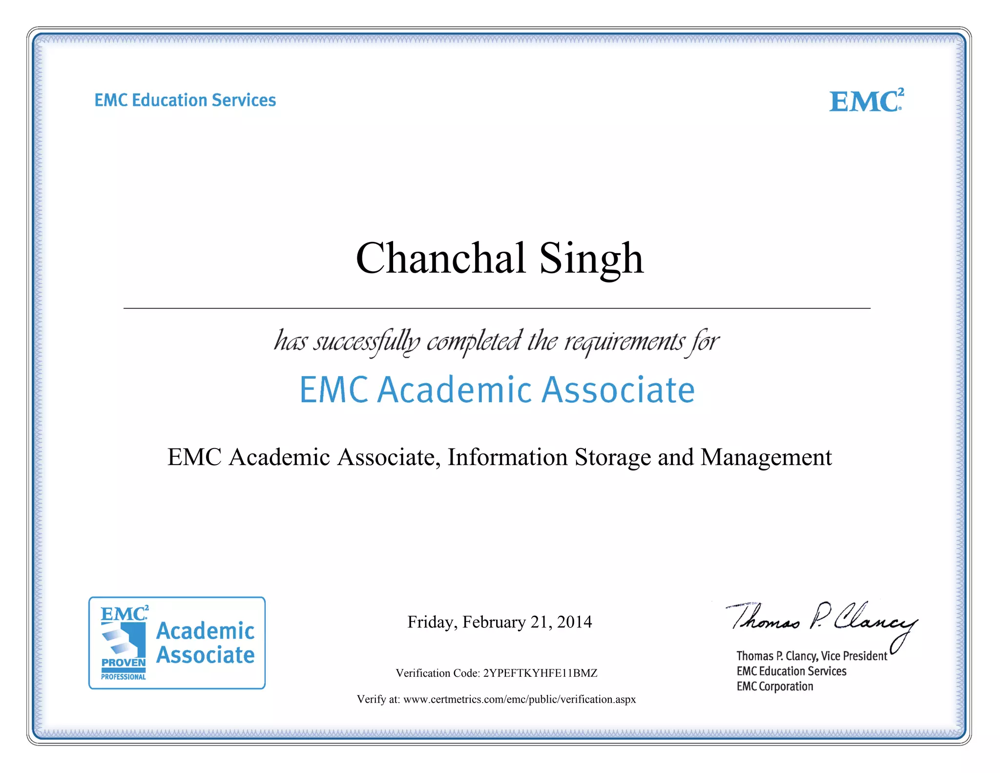 EMC Academic Associate, Information Storage and Management certificate ...