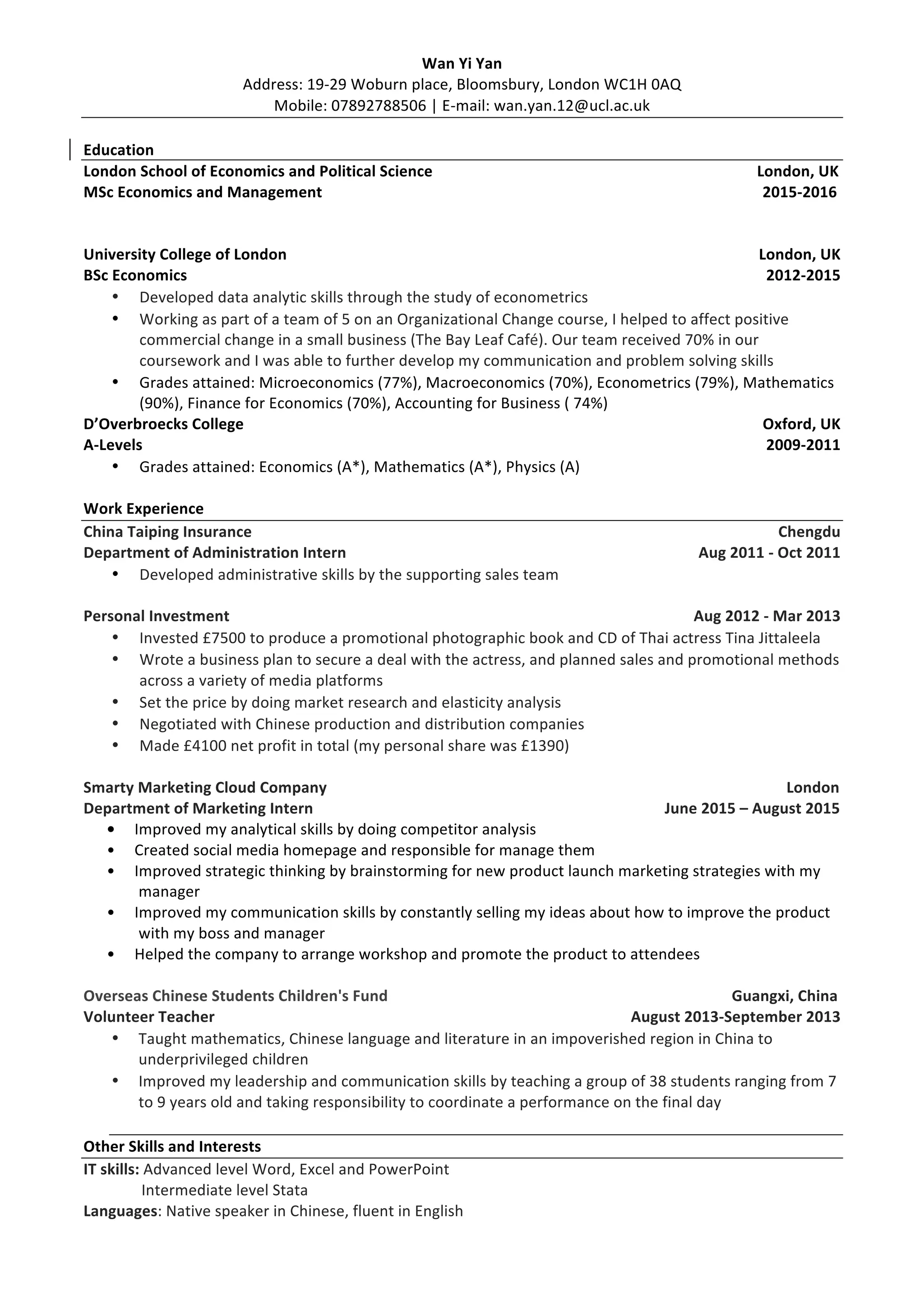 WanYi Yan CV | PDF