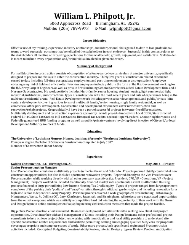 William Philpott Resume Feb 2016 | PDF | Construction Industry | Industries