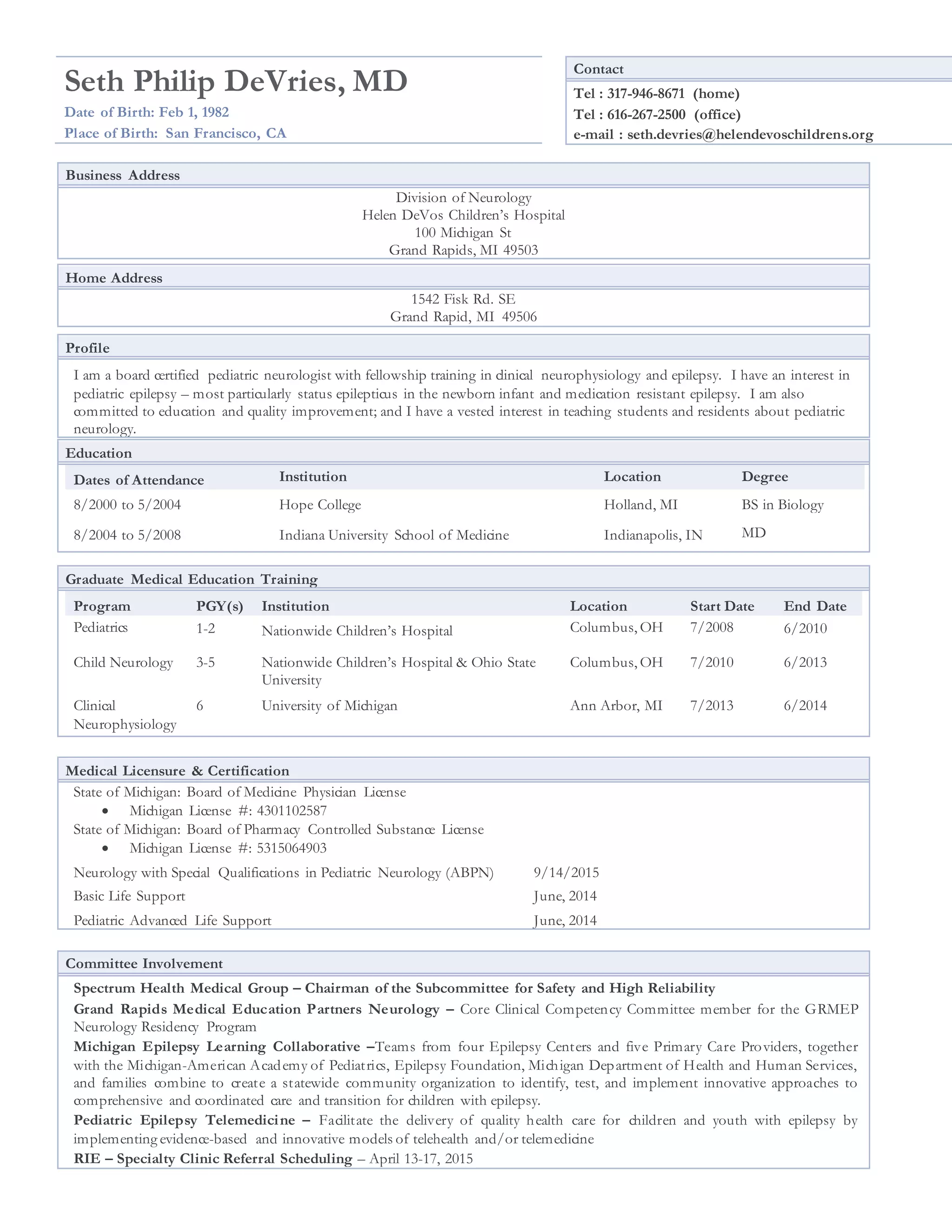Seth Philip DeVries CV - 2016 | DOCX