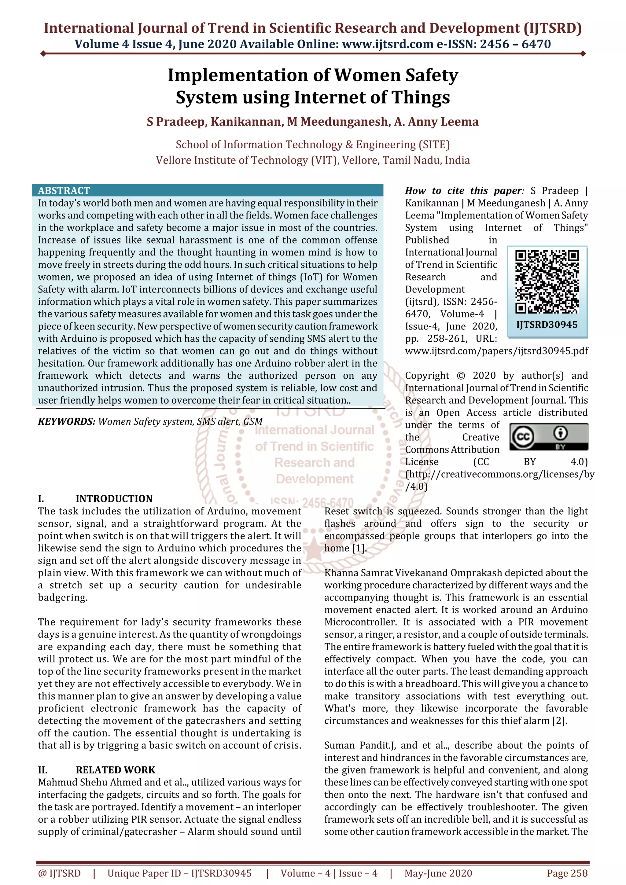 Implementation of Women Safety System using Internet of Things | PDF ...