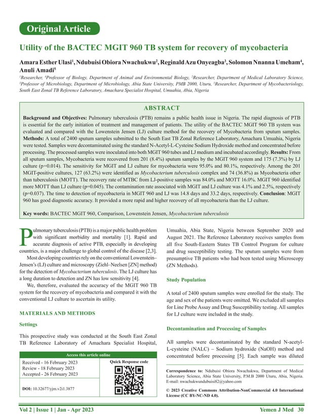 Utility of the BACTEC MGIT 960 TB system for recovery of mycobacteria | PDF