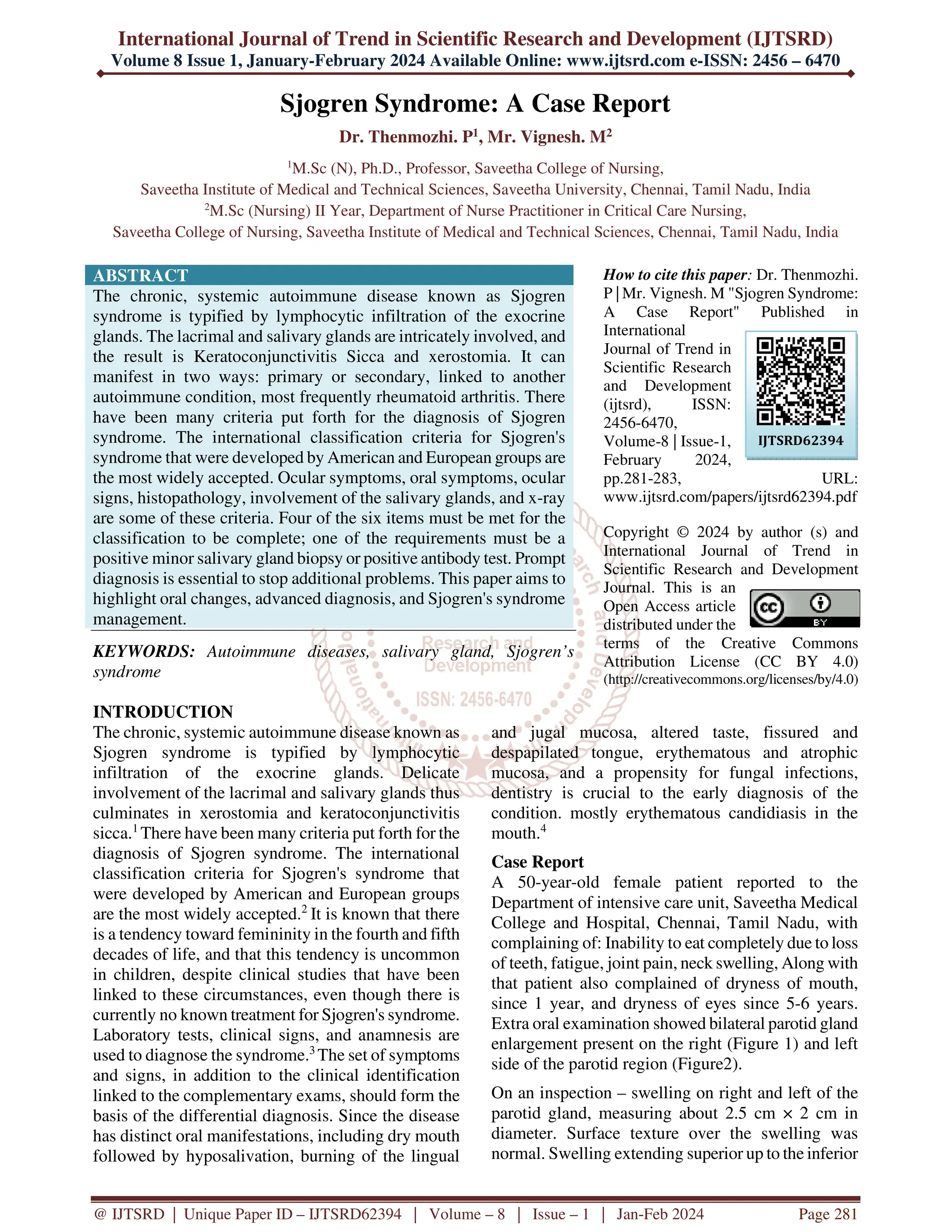 Sjogren Syndrome A Case Report by Dr. Thenmozhi. P | Mr. Vignesh. M | PDF