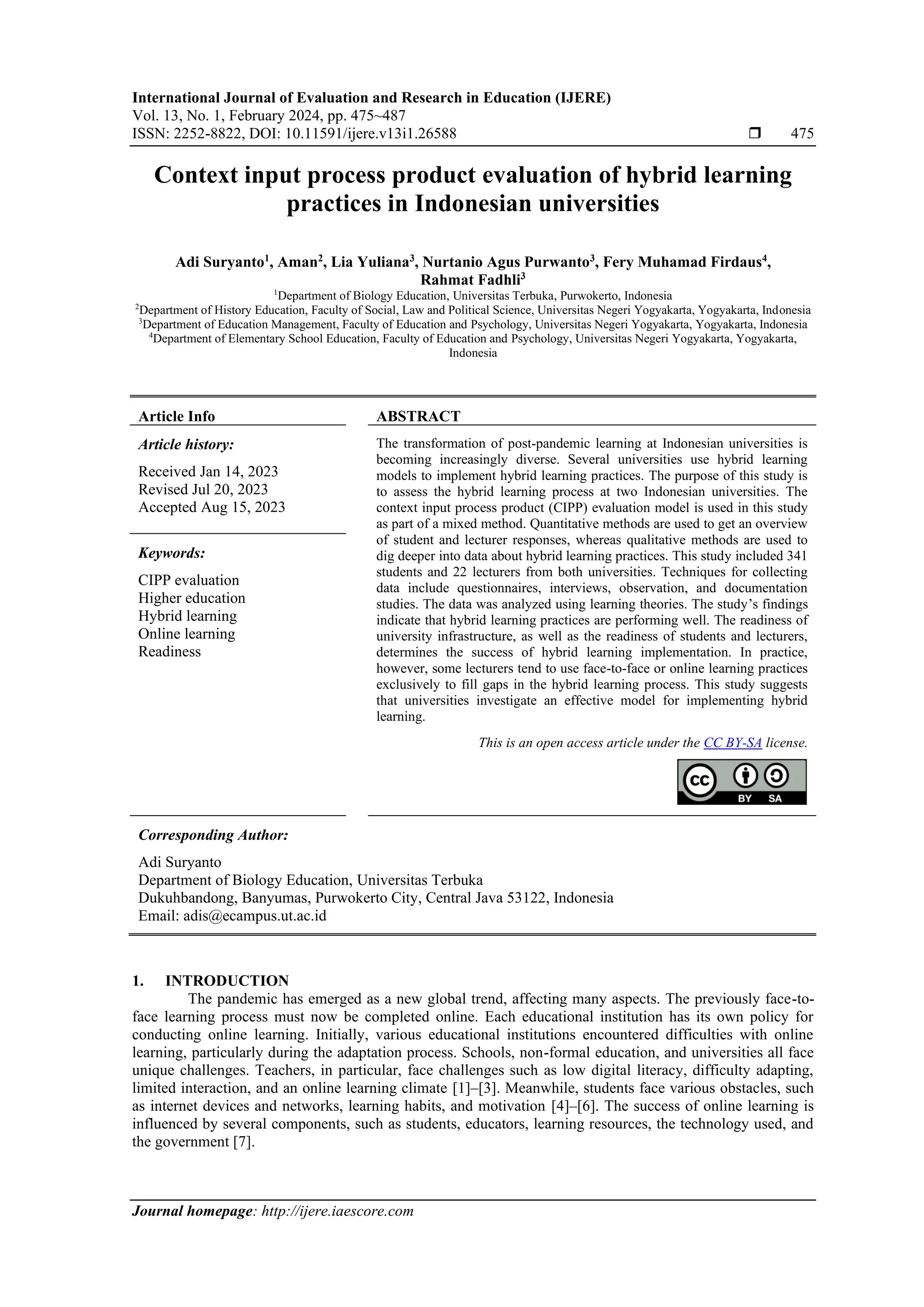 Context input process product evaluation of hybrid learning practices in Indonesian universities ...