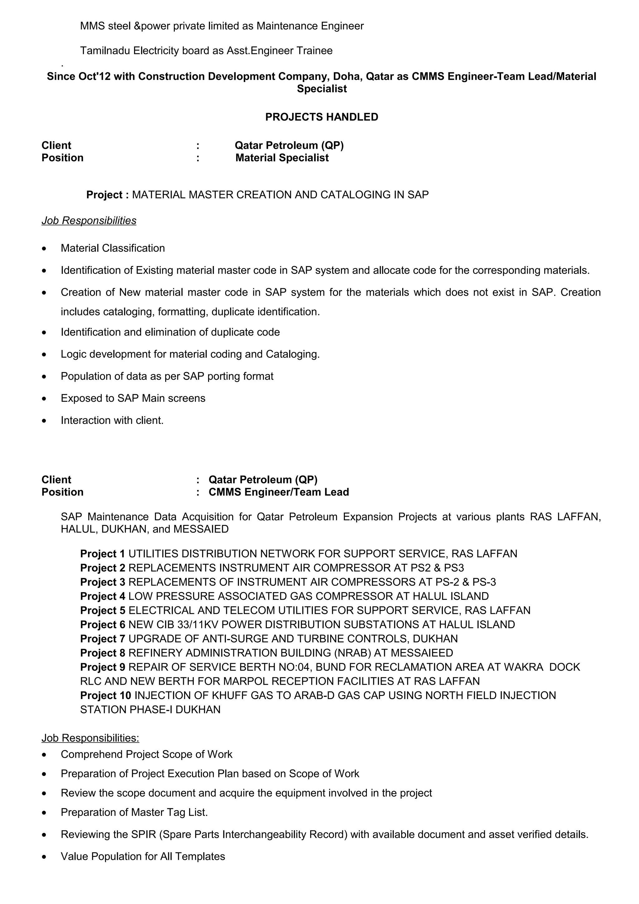 Maridass_ ELE_6 +YR SAP CMMS,Material Engineer | DOC