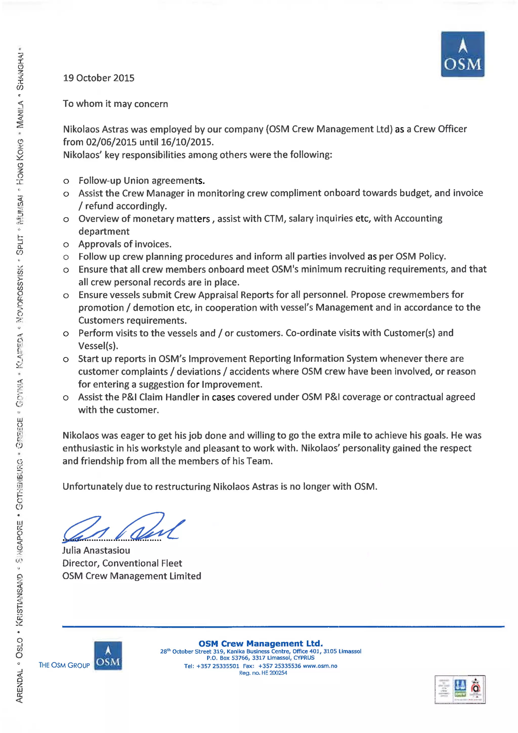 OSM Crew Management Reference Letter | PDF