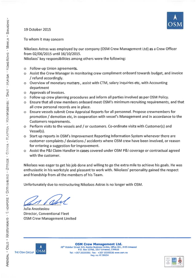 OSM Crew Management Reference Letter | PDF