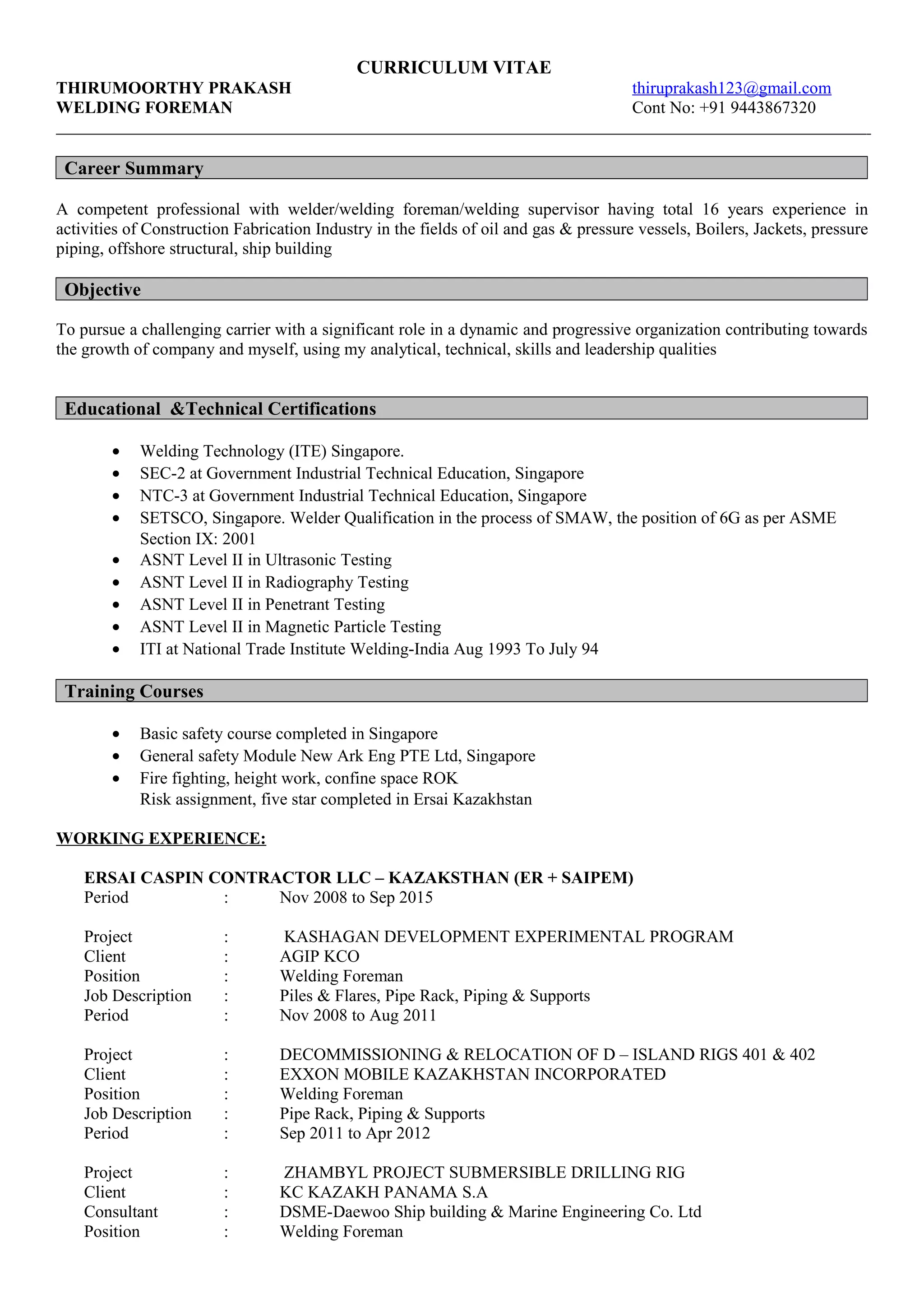 Prakesh Welding Foreman CV | DOC
