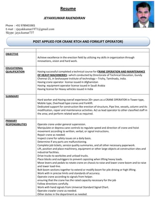 Resume jeyakkumar.CRANE OPERATION | PDF